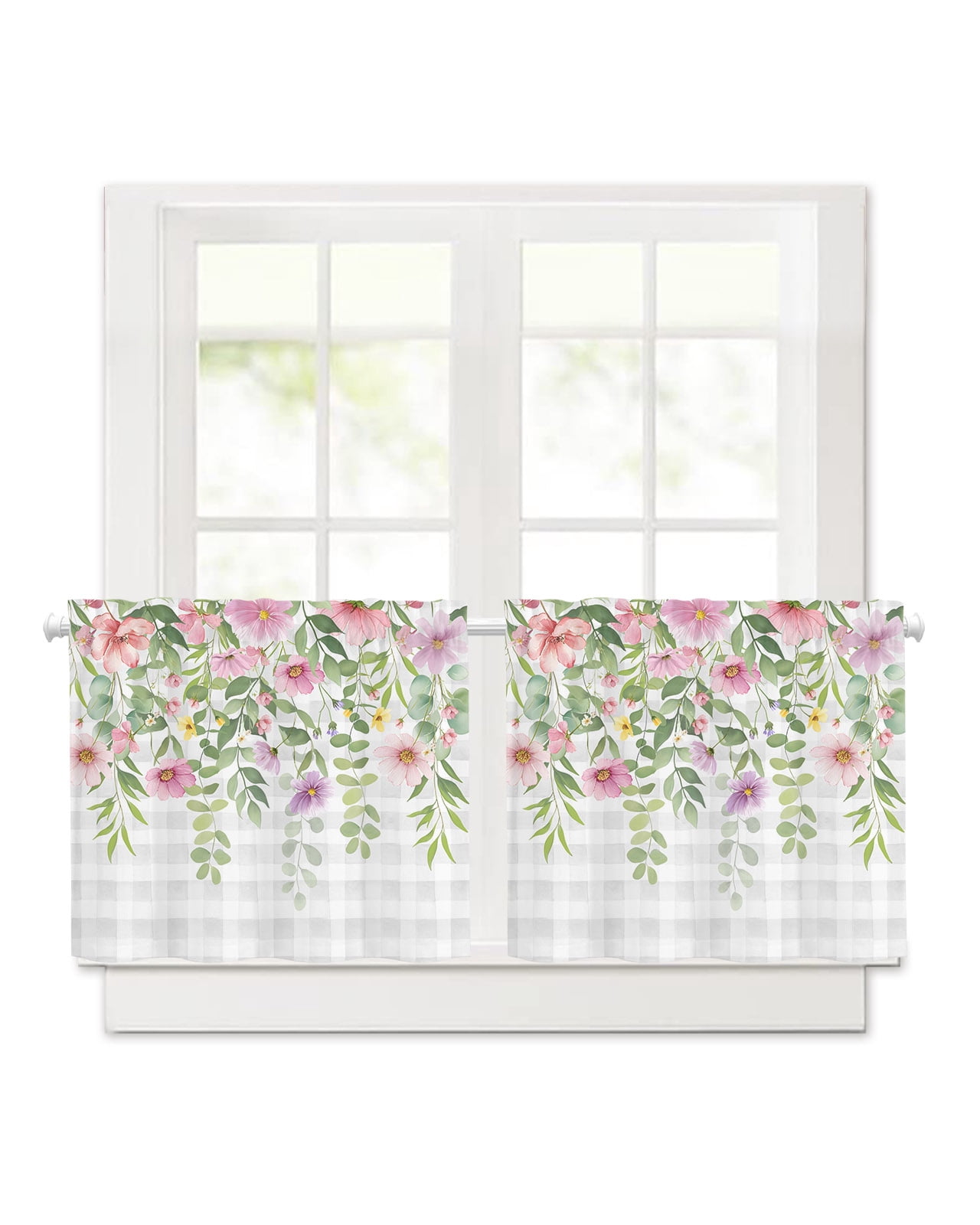 Country Spring Flowers Short Blackout Curtains 30 Inch Long,Gray White ...