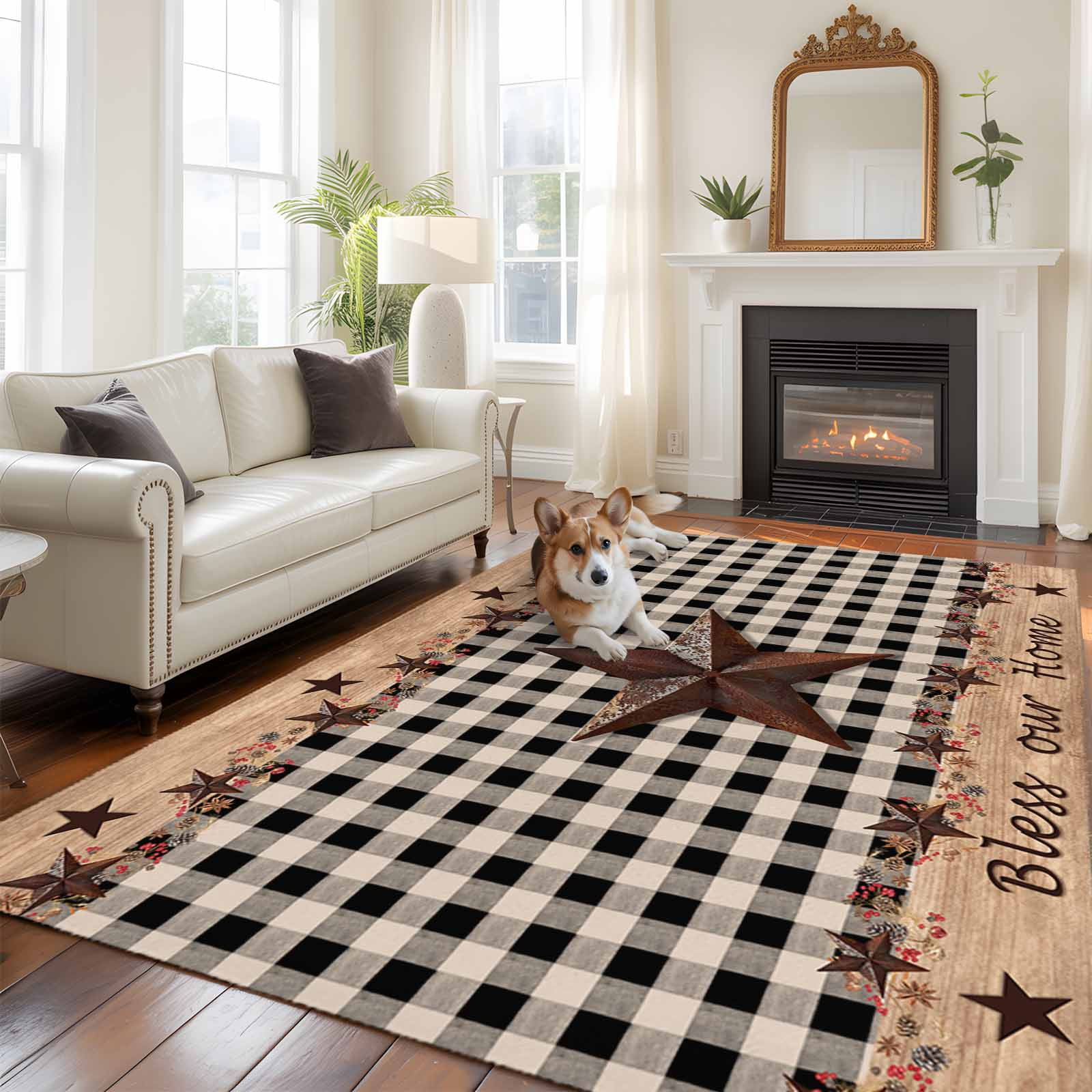 Country Star Area Rugs 5x7 ft Farmhouse Texas Star Vintage Black Plaid ...