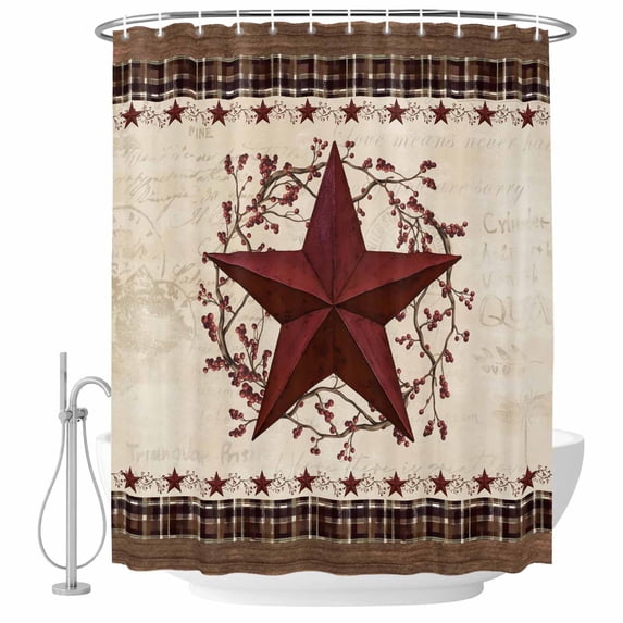 Country Star Bathroom Shower Curtains with Hooks, Red Stars Berry Linen ...