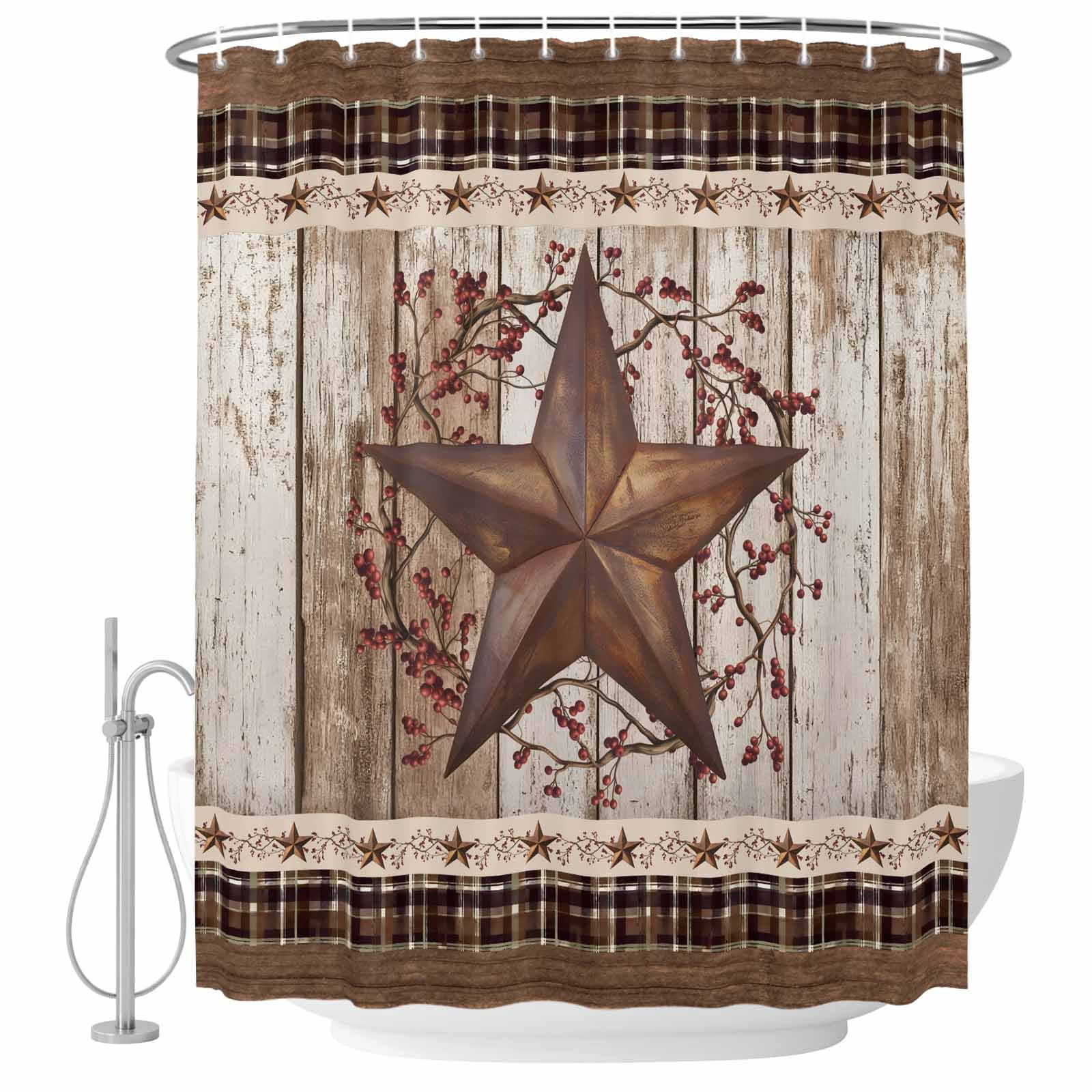 Country Star Bathroom Shower Curtains with Hooks, Rust Yellow Stars ...