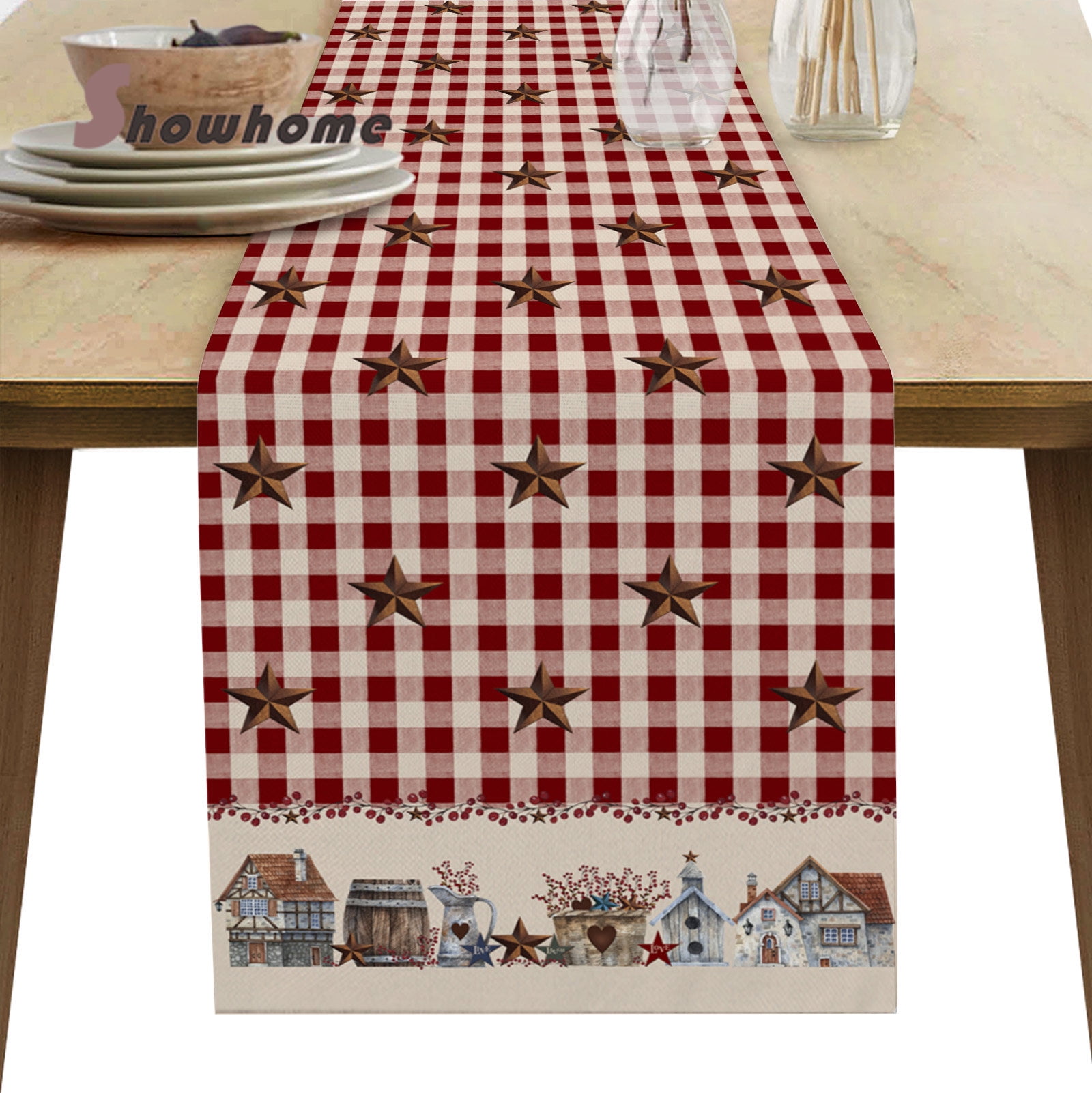 Country Star Berry Retro Red Plaid Table Runner Home Dining Table r ...