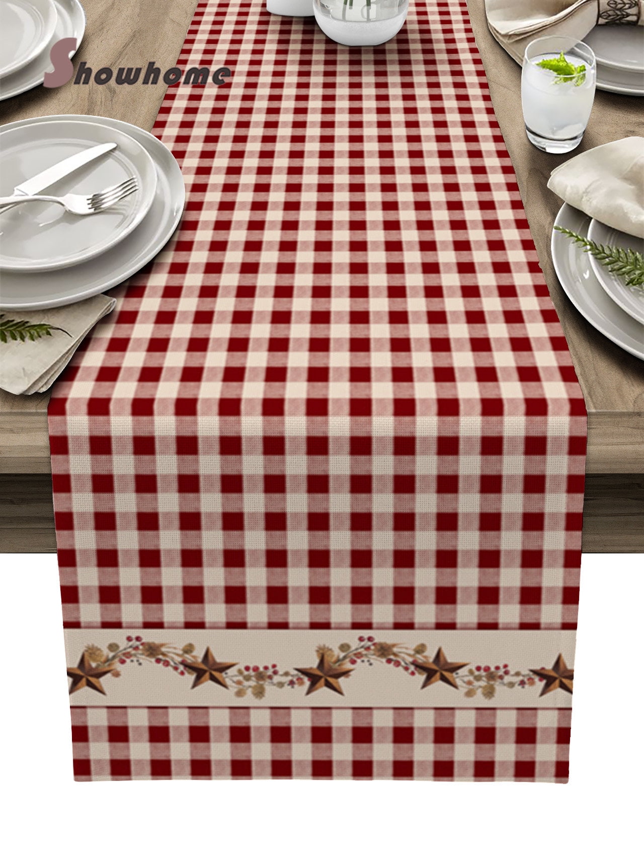 Country Star Berry Retro Red Plaid Table Runner Home Dining Table r ...