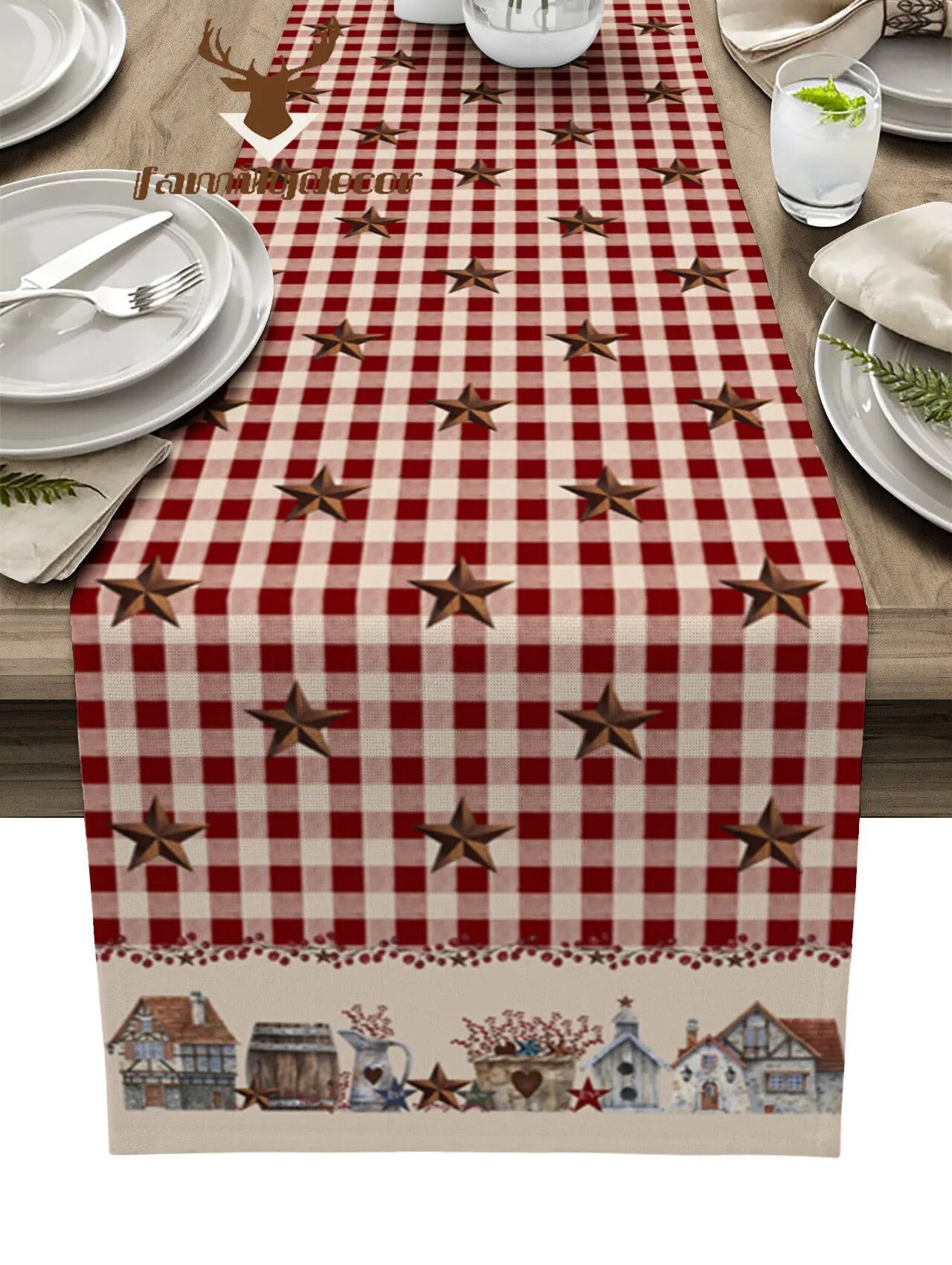 Country Star Berry Retro Red Plaid Table Runner Home Wedding Table Flag ...