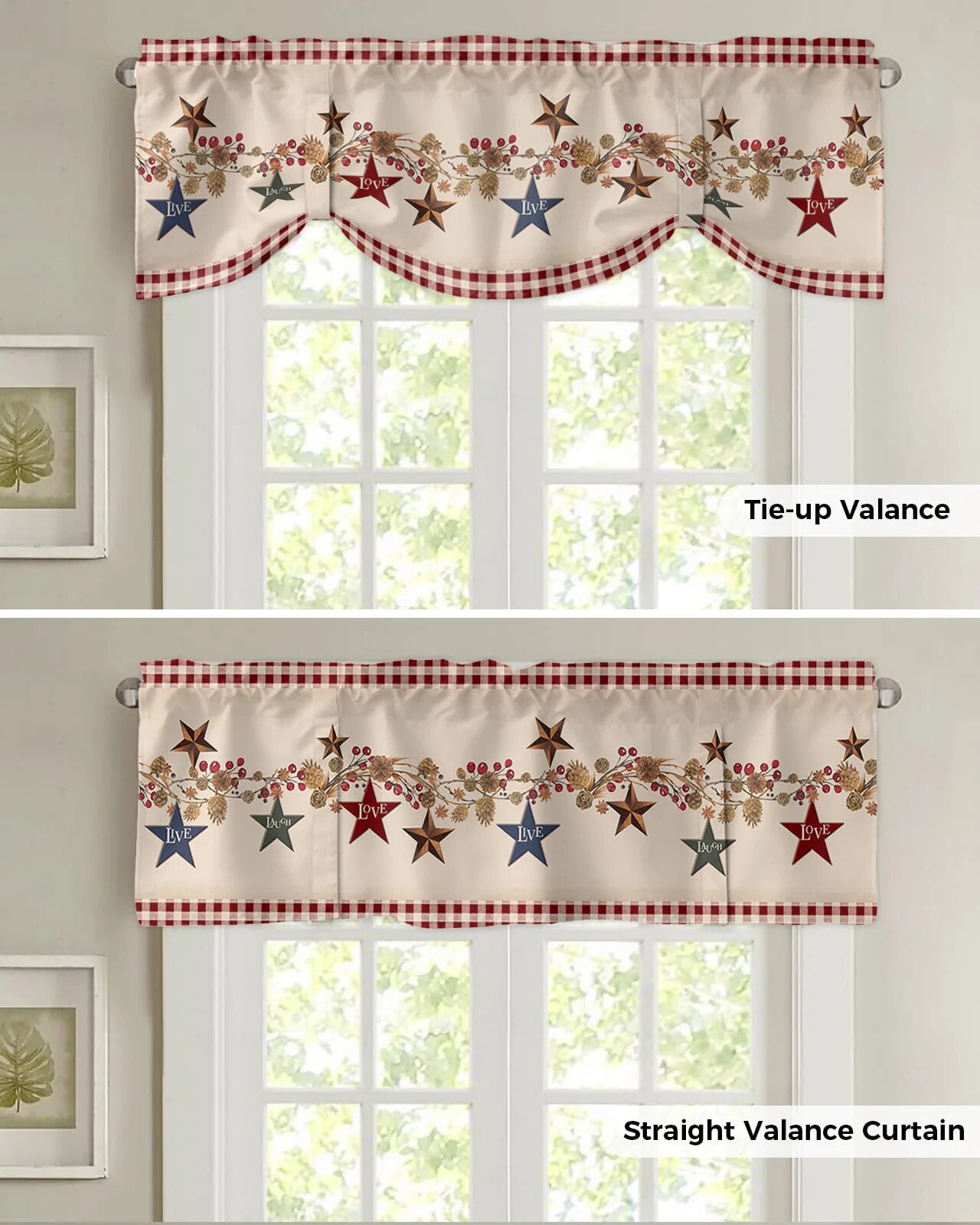 Country Star Berry Retro Red Plaid Window Curtain Kitchen Cabinet ...