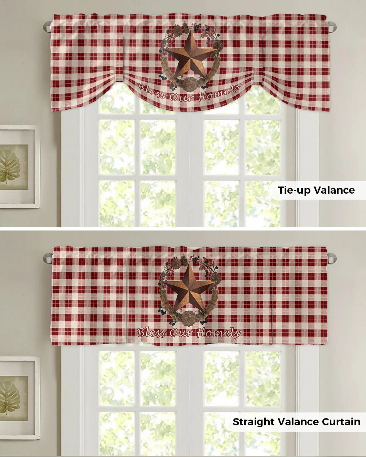 Country Star Berry Retro Red Plaid Window Curtain Kitchen Cabinet ...