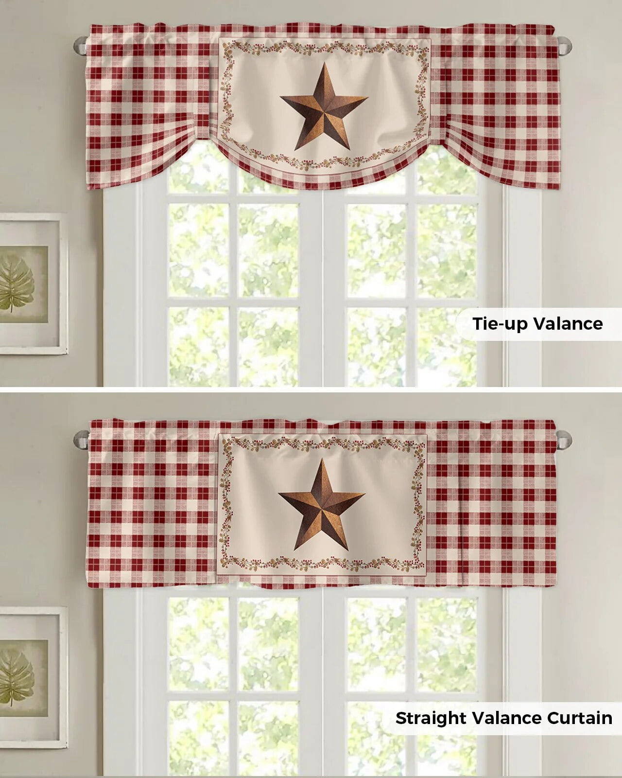 Country Star Berry Retro Red Plaid Window Curtain Kitchen Cabinet ...