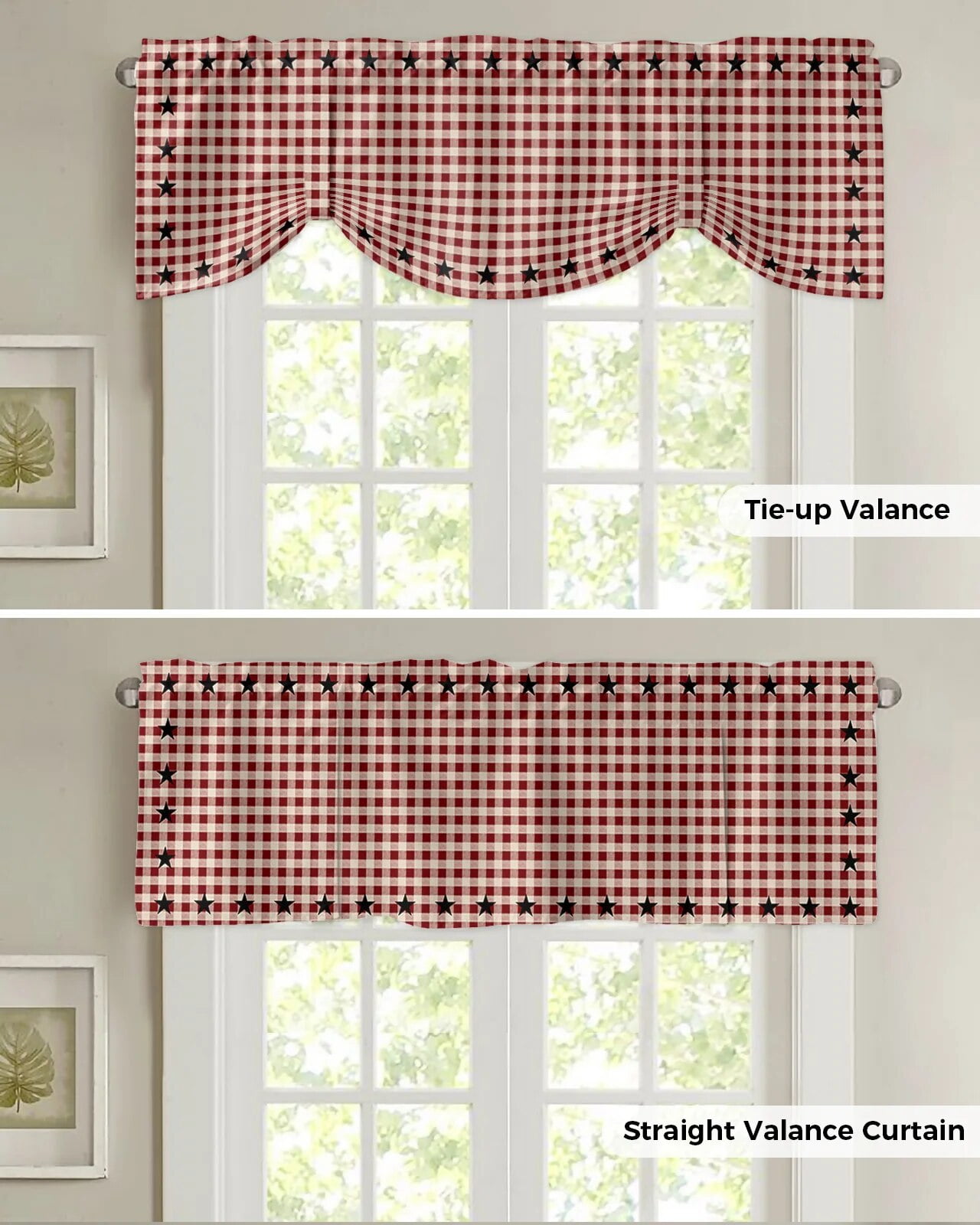 Country Star Berry Retro Red Plaid Window Curtain Kitchen Cabinet ...