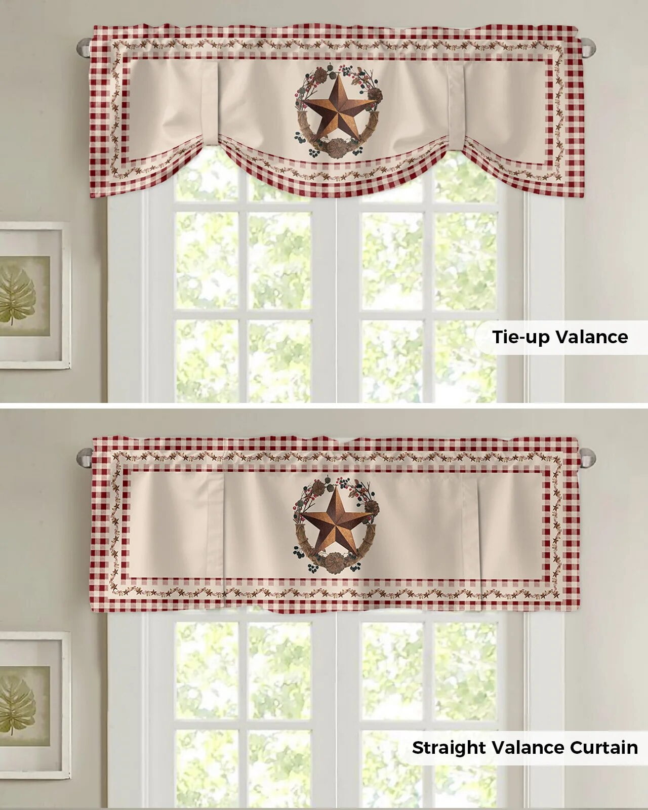 Country Star Berry Retro Red Plaid Window Curtain Kitchen Cabinet ...