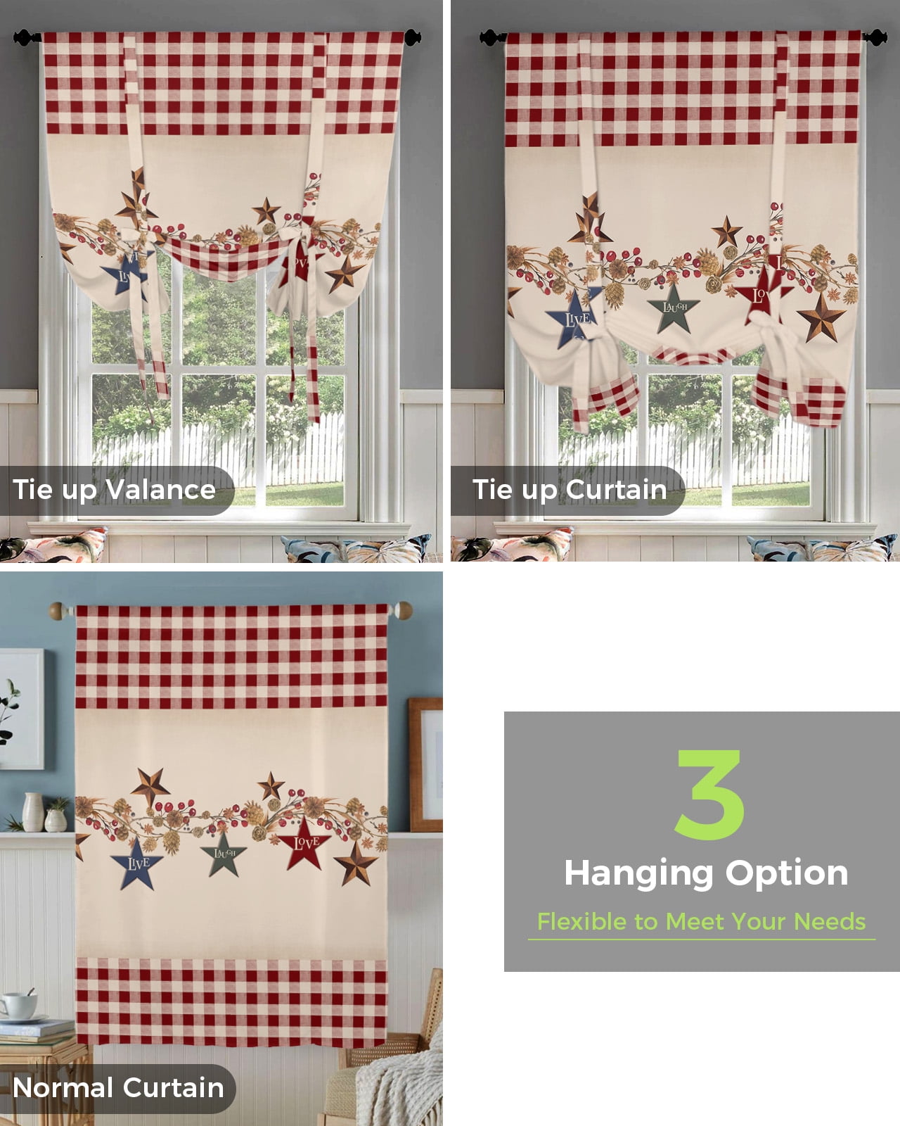 Country Star Berry Retro Red Plaid Window Curtain Tie Up Curtains for ...