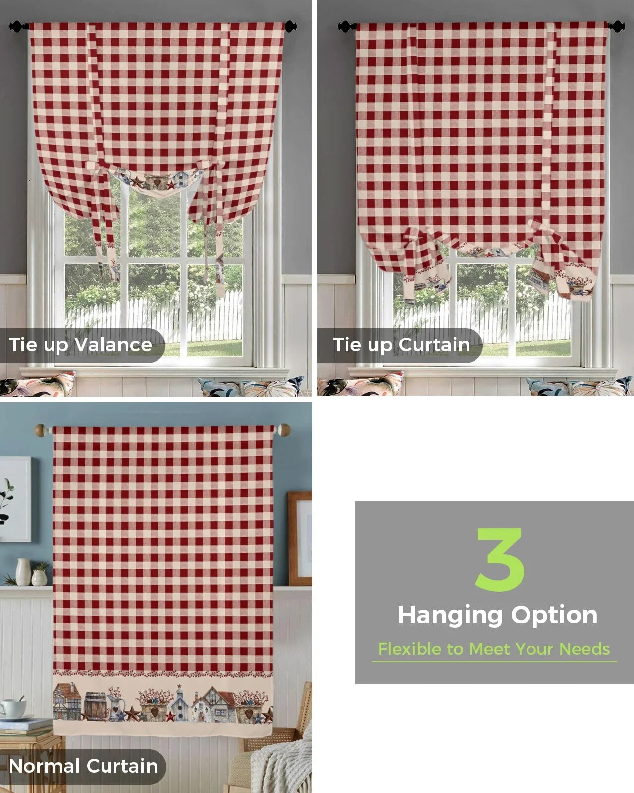 Country Star Berry Retro Red Plaid Window Curtain Tie Up Curtains for ...