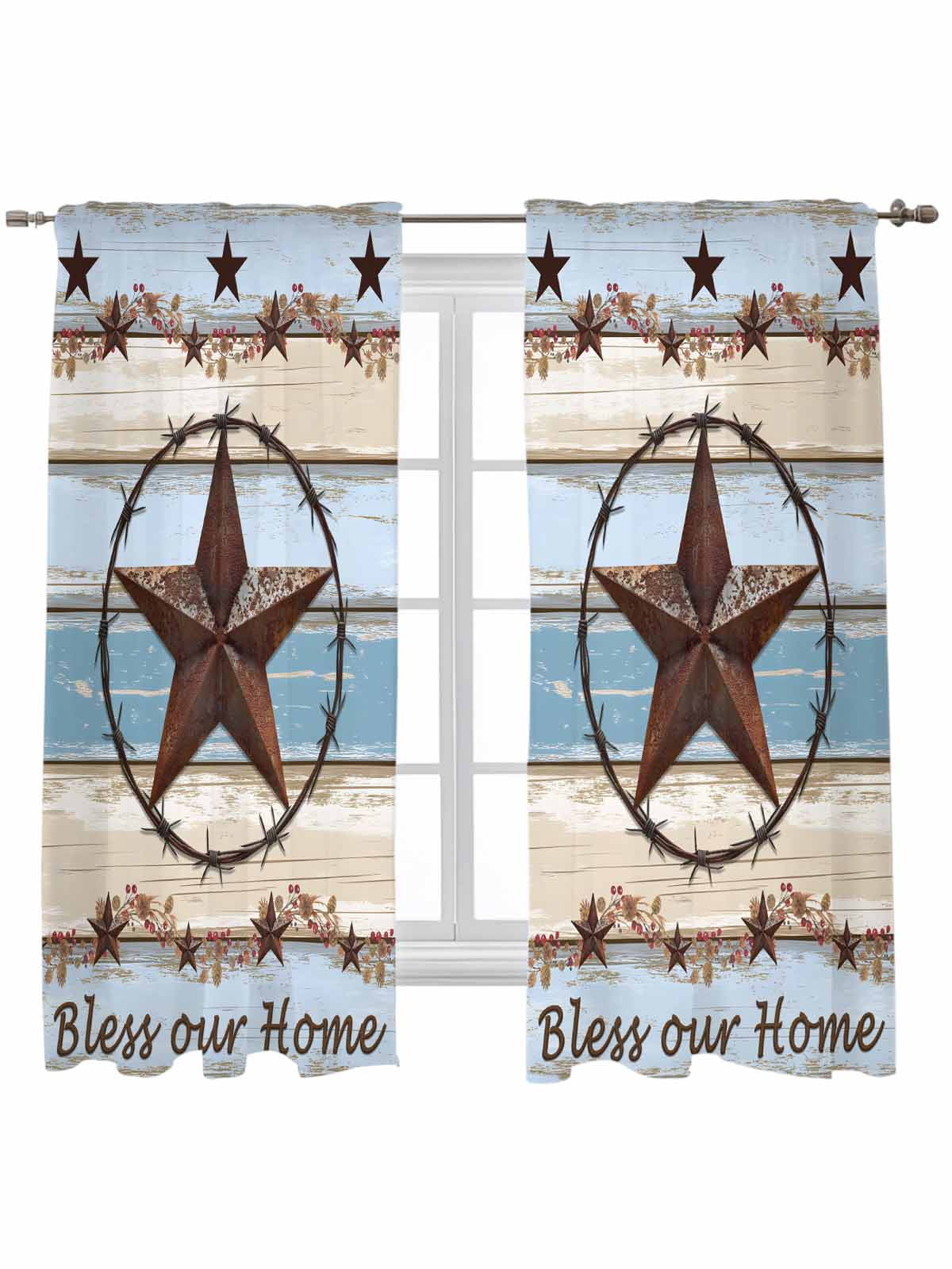 Country Star Blue Curtains 63 Inch Length, Sheer Curtains for Bedroom ...