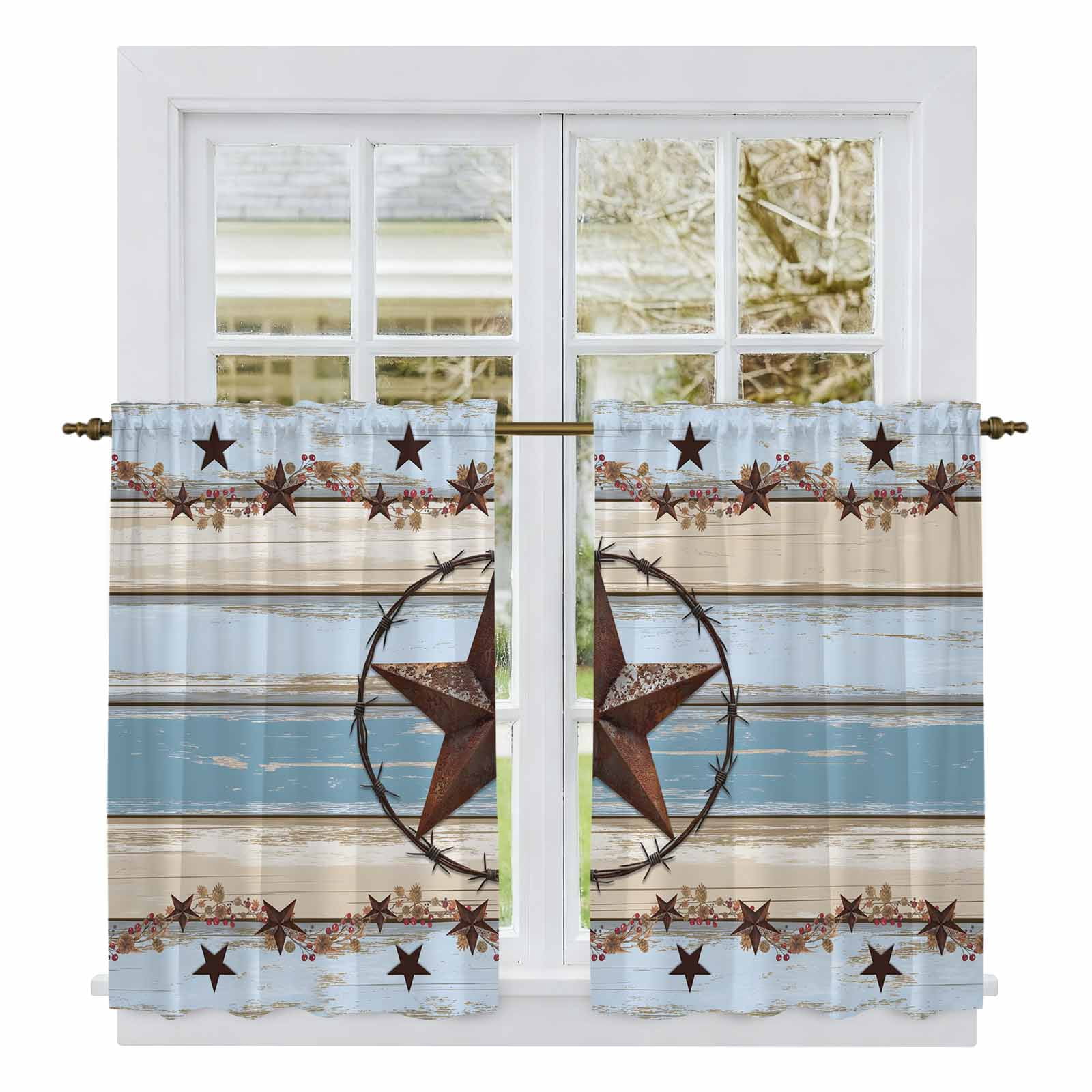 Country Star Blue Kitchen Curtains, Farmhouse Western Texas Star Barn ...
