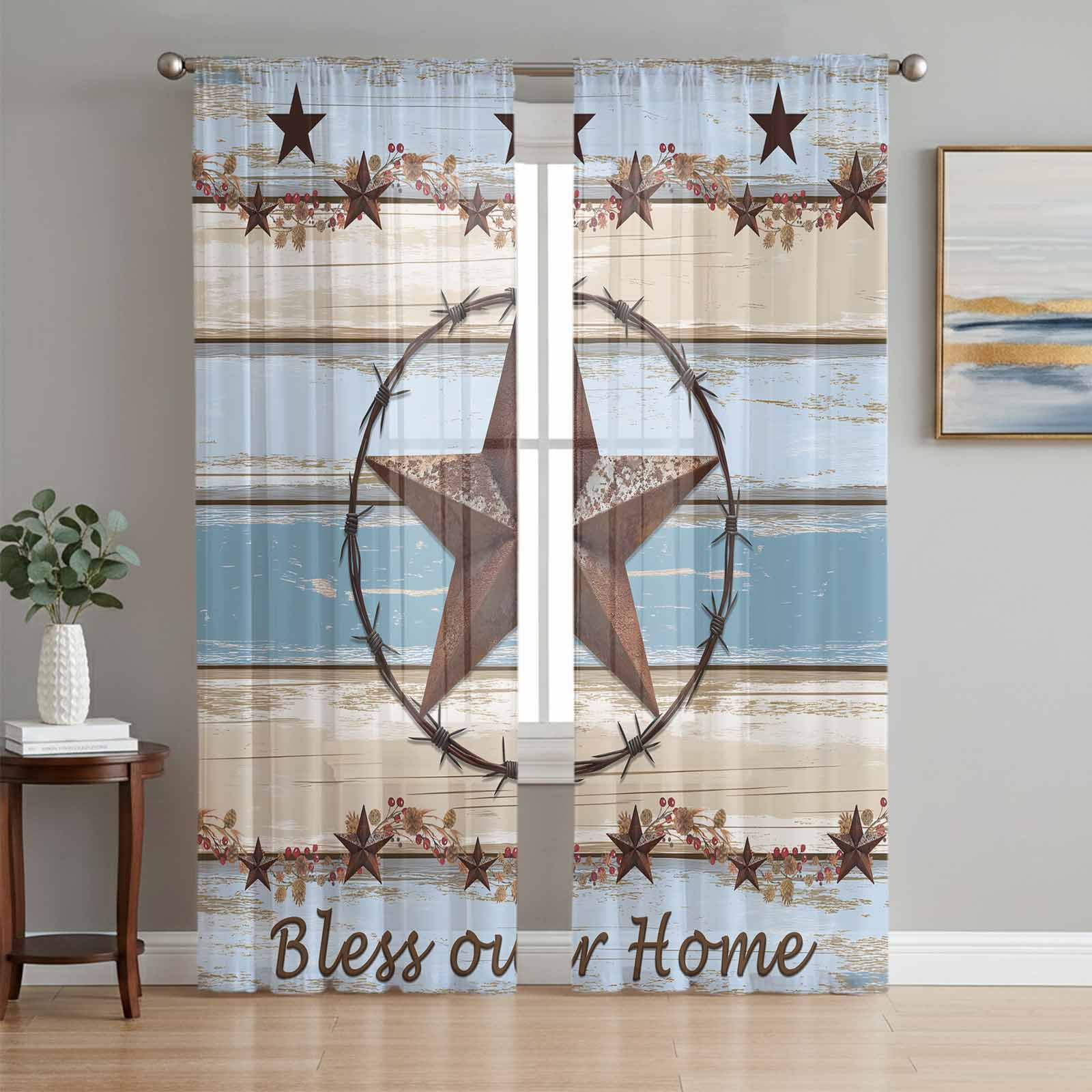 Country Star Blue Semi Sheer Curtains 96 Inch Length 2 Panels Set ...