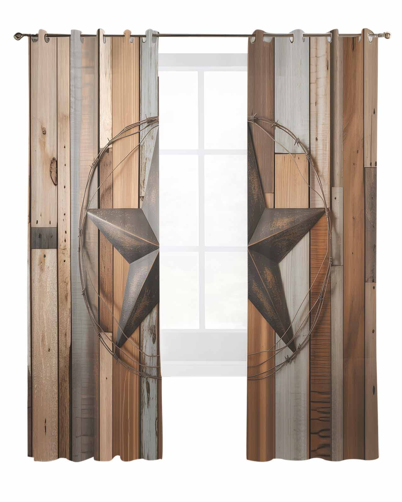 Country Star Brown Sheer Curtains 84 Inch Length 2 Panels Western Texas ...