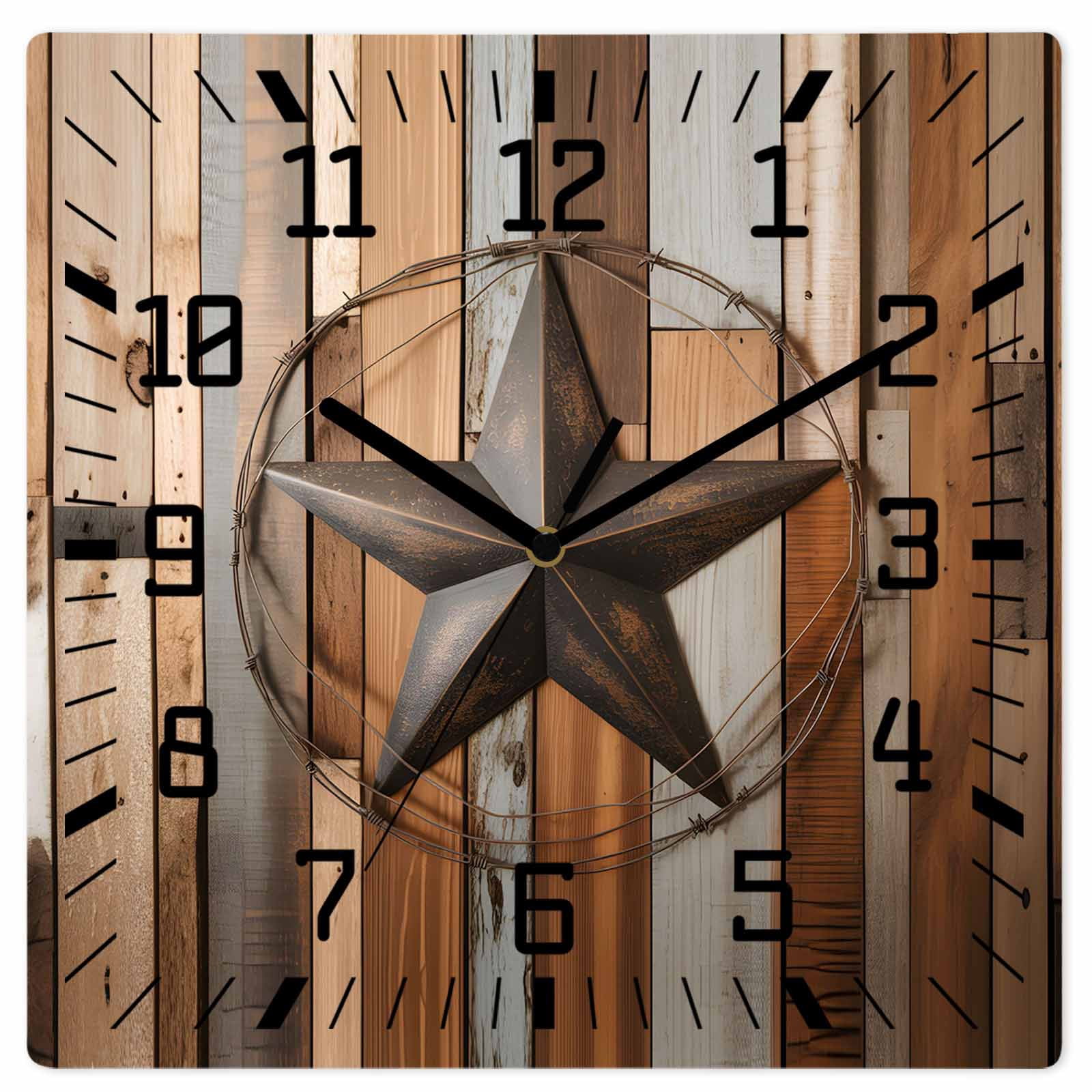 Country Star Brown Wooden Wall Clock Silent Non Ticking, Western Texas ...
