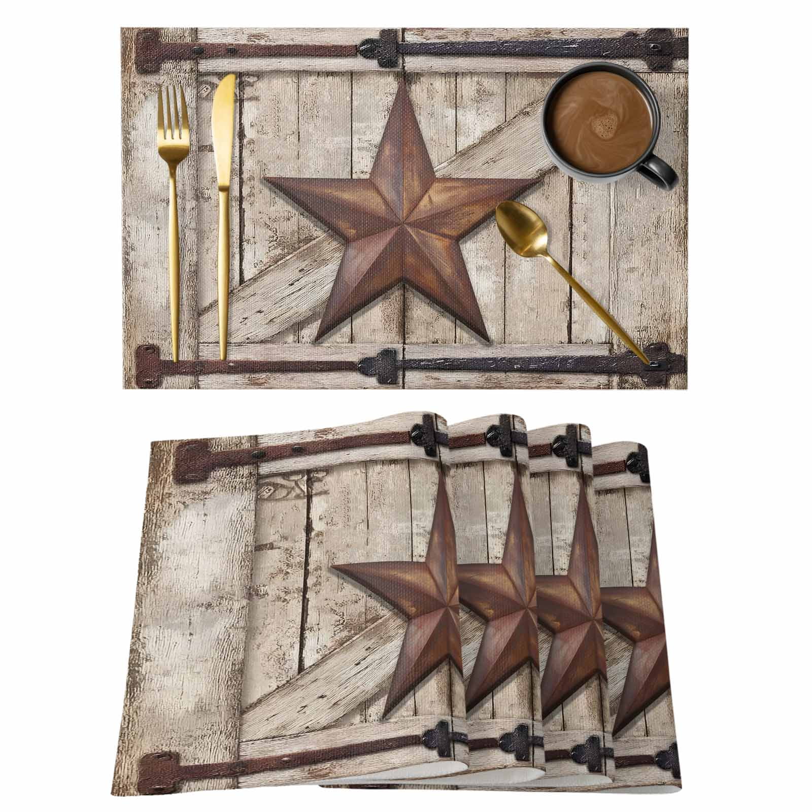 Country Star Cotton Linen Placemats Set of 4, Retro Rust Yellow Star ...