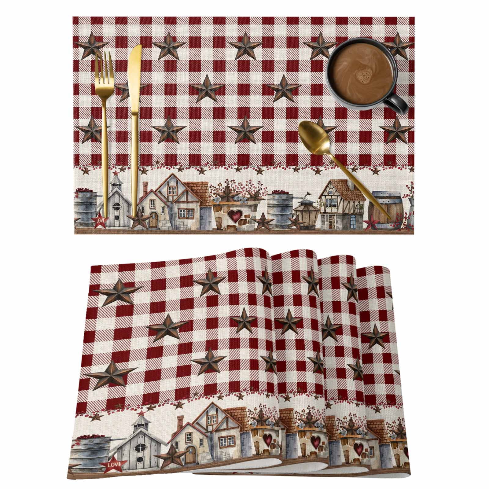 Country Star Cotton Linen Placemats Set of 8, Barn Bucket Farmhouse Red ...