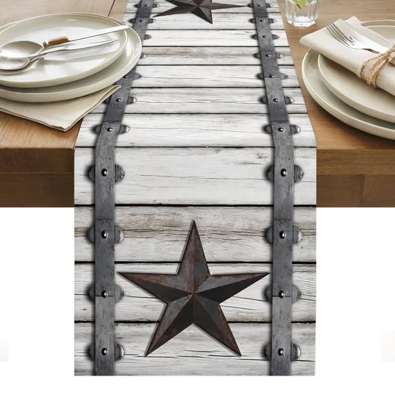 Country Star Cotton Linen Table Runner Vintage Rust Grey Star Rivet ...