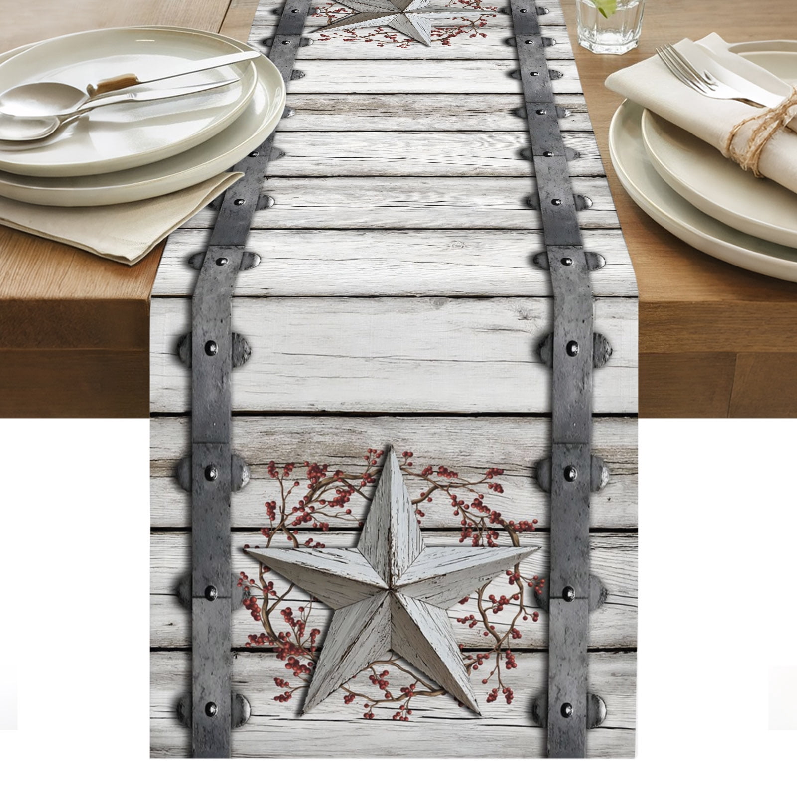 Country Star Cotton Linen Table Runner Vintage White Star Red Berry ...
