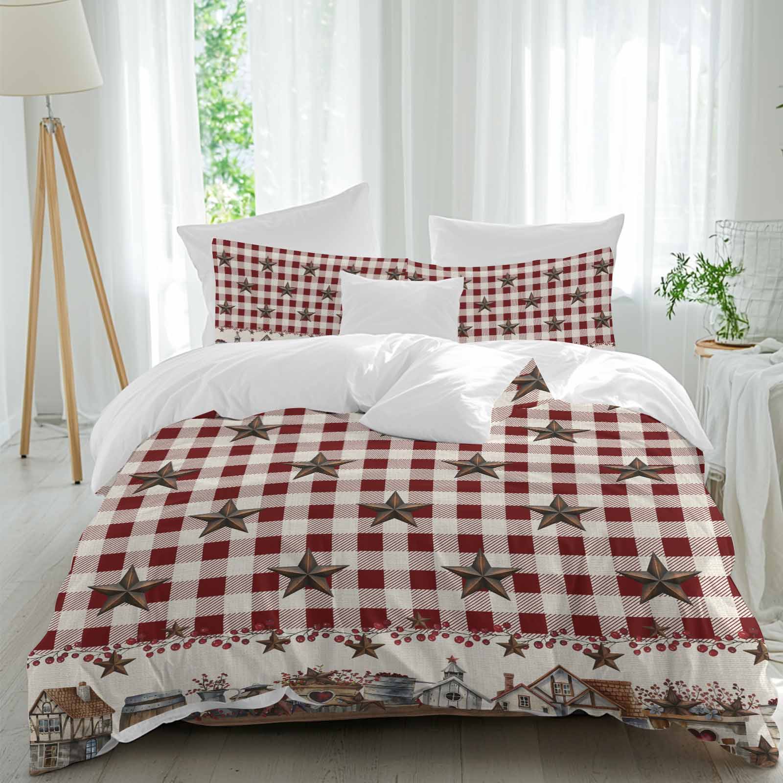 Country Star Duvet Cover Set Queen Size, Barn Bucket Farmhouse Red ...