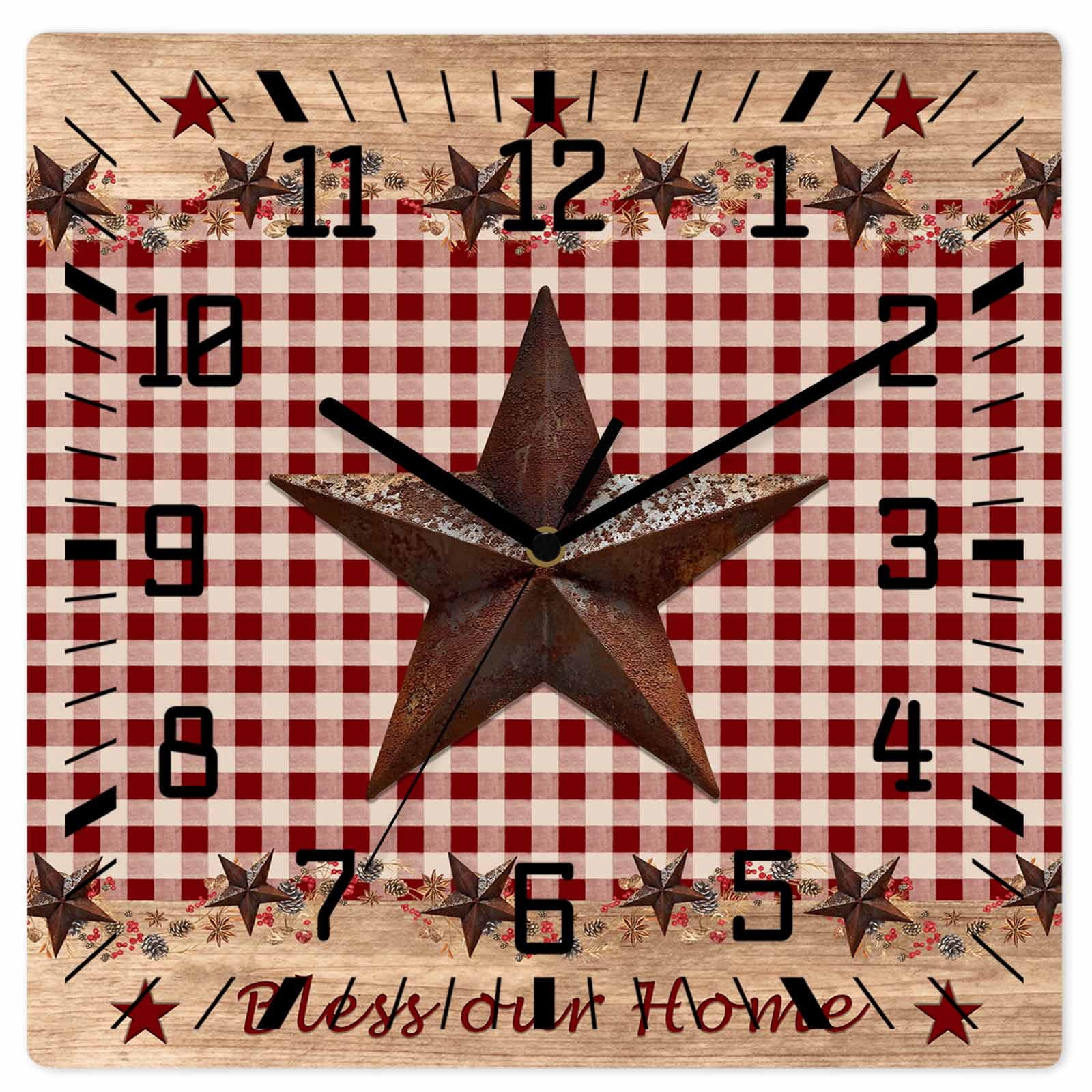 Country Star Farm Wooden Wall Clock Silent Non Ticking, Farmhouse Plaid ...