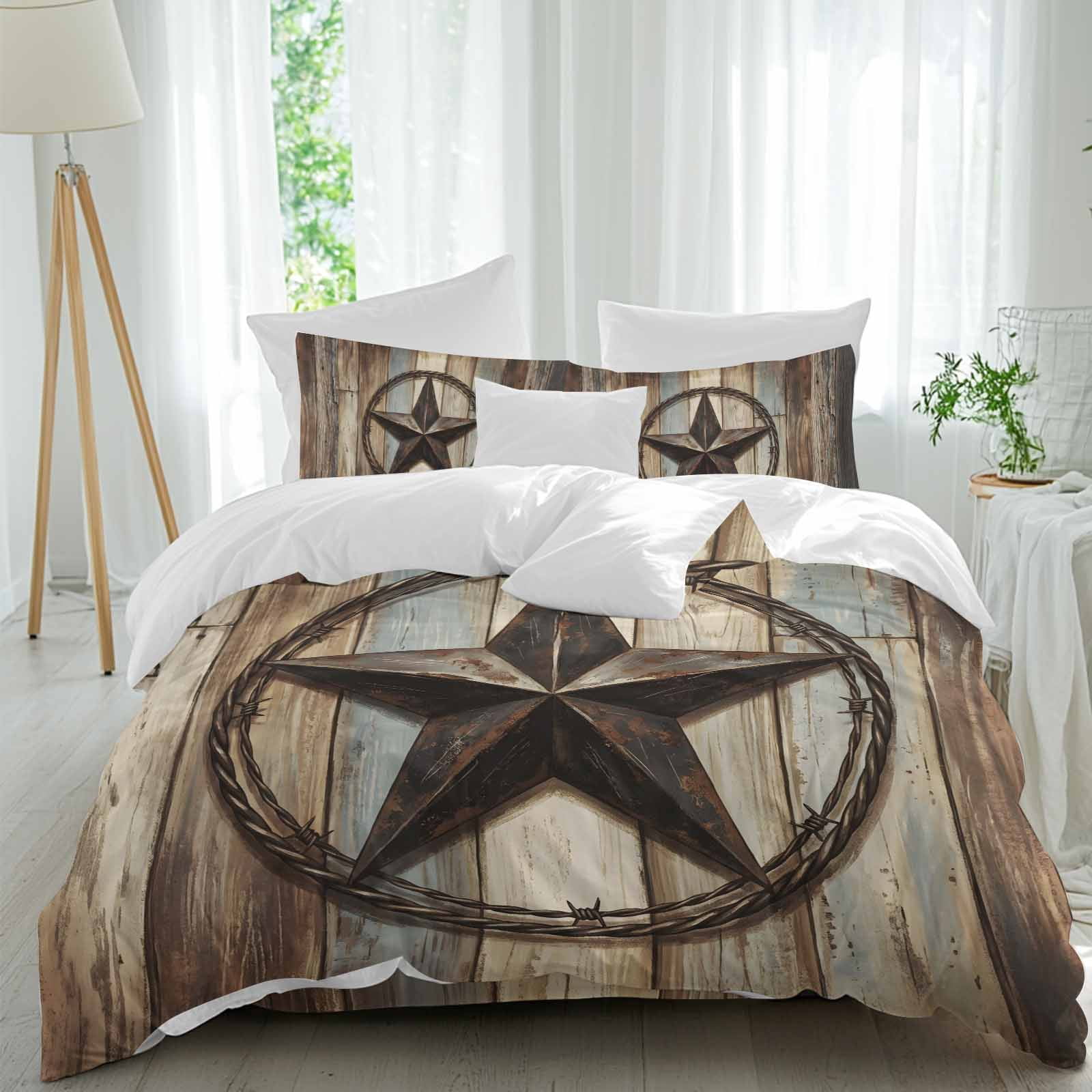 Country Star Full Duvet Cover Set, Farmhouse Star Brown Beige Wood ...
