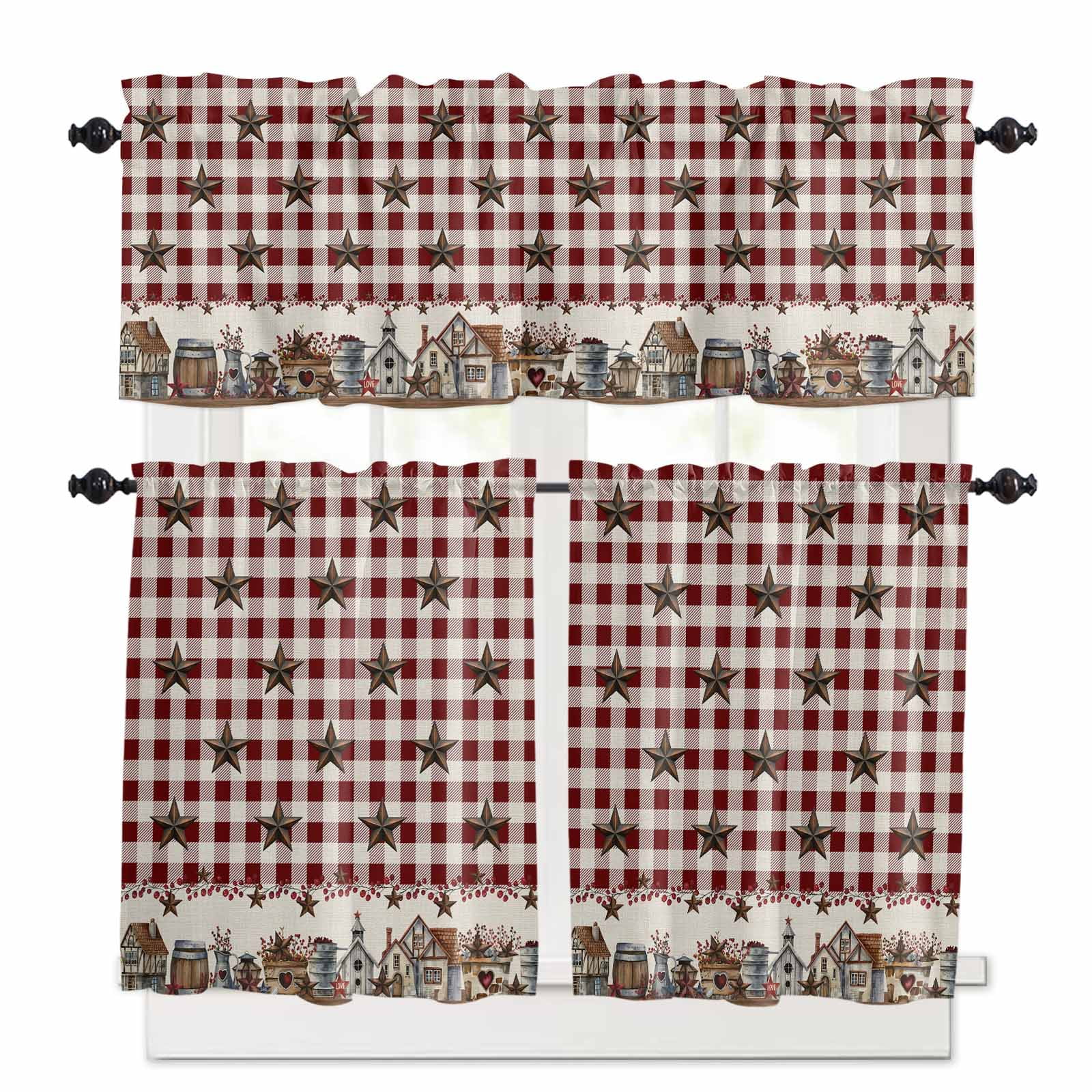 Country Star Kitchen Curtains Valance and Tier Set Barn Bucket ...