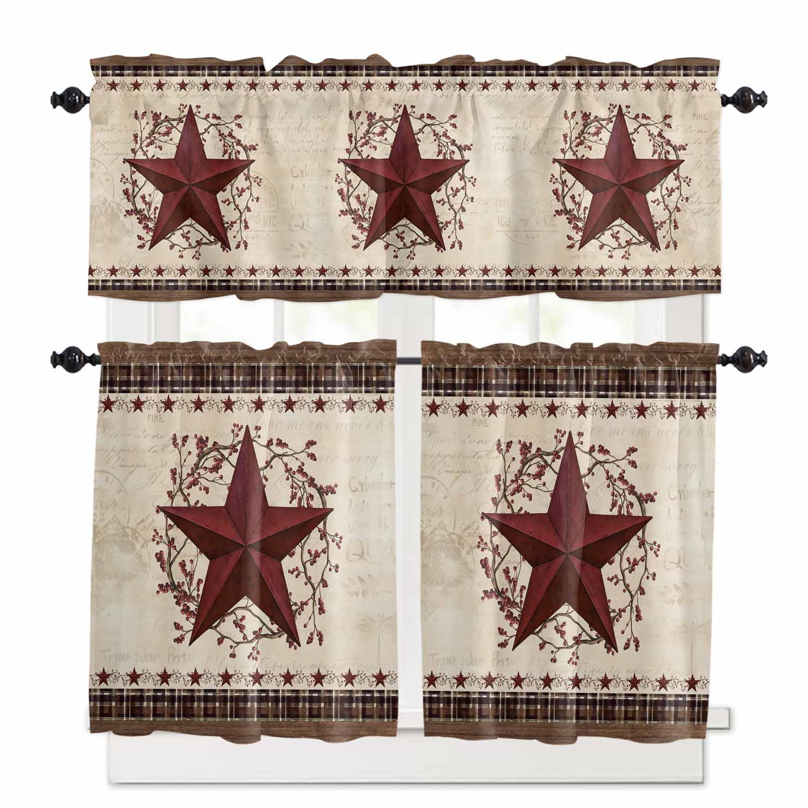 Country Star Kitchen Curtains Valance and Tier Set Red Stars Berry ...