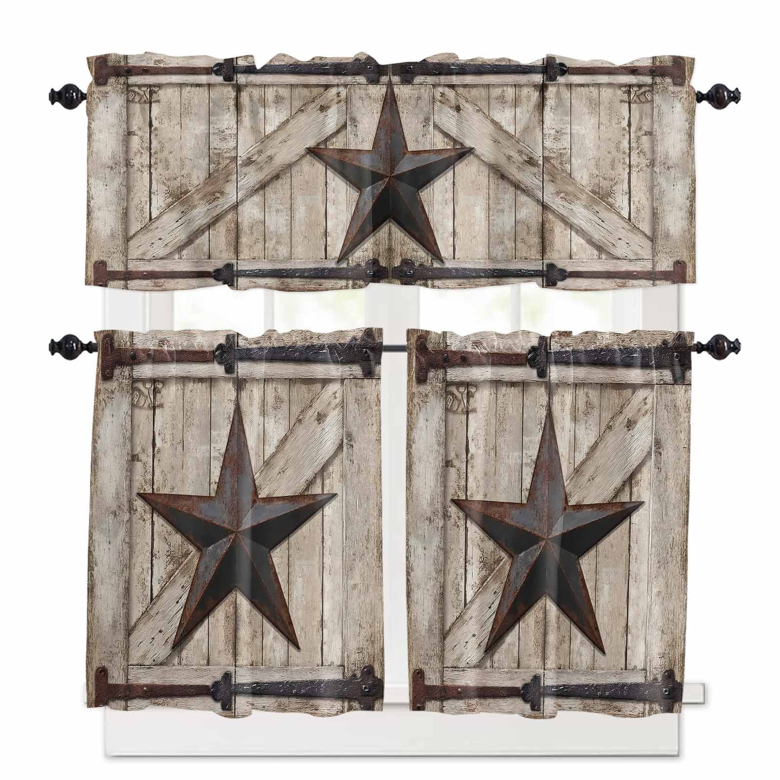 Country Star Kitchen Curtains Valance and Tier Set Retro Rust Grey Blue ...