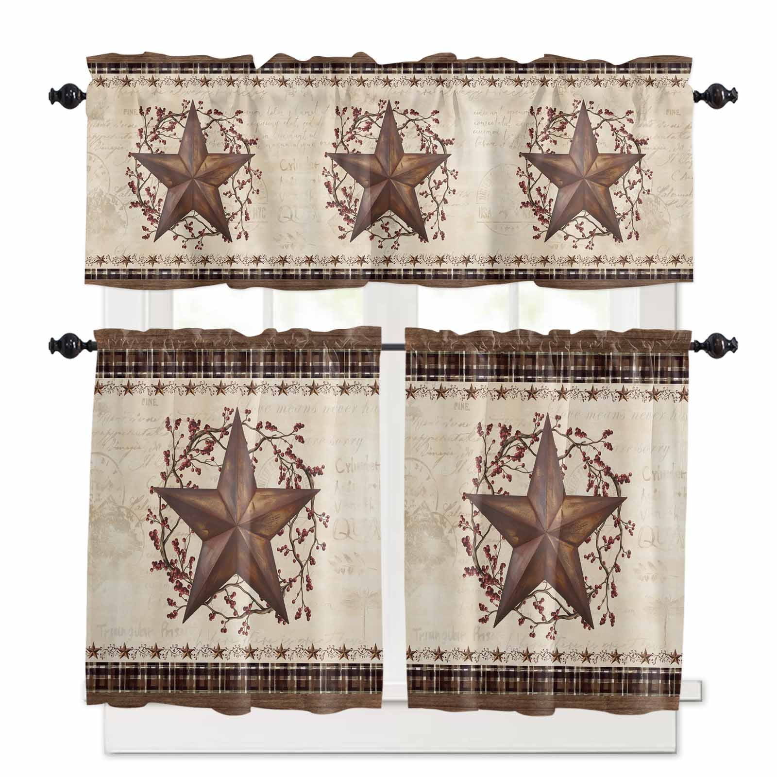 Country Star Kitchen Curtains Valance and Tier Set Rust Yellow Stars ...