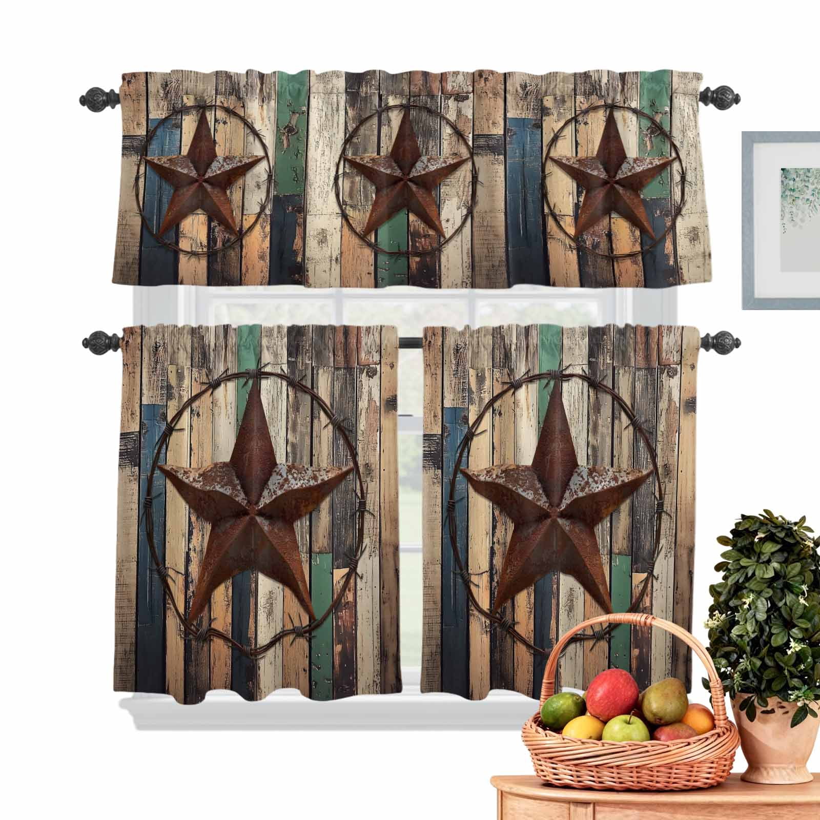 Country Star Kitchen Curtains Valances 3 Piece Set, Farmhouse Texas ...