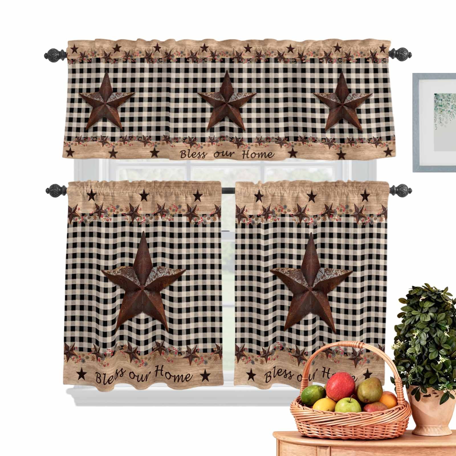 Country Star Kitchen Curtains Valances 3 Piece Set, Farmhouse Texas ...