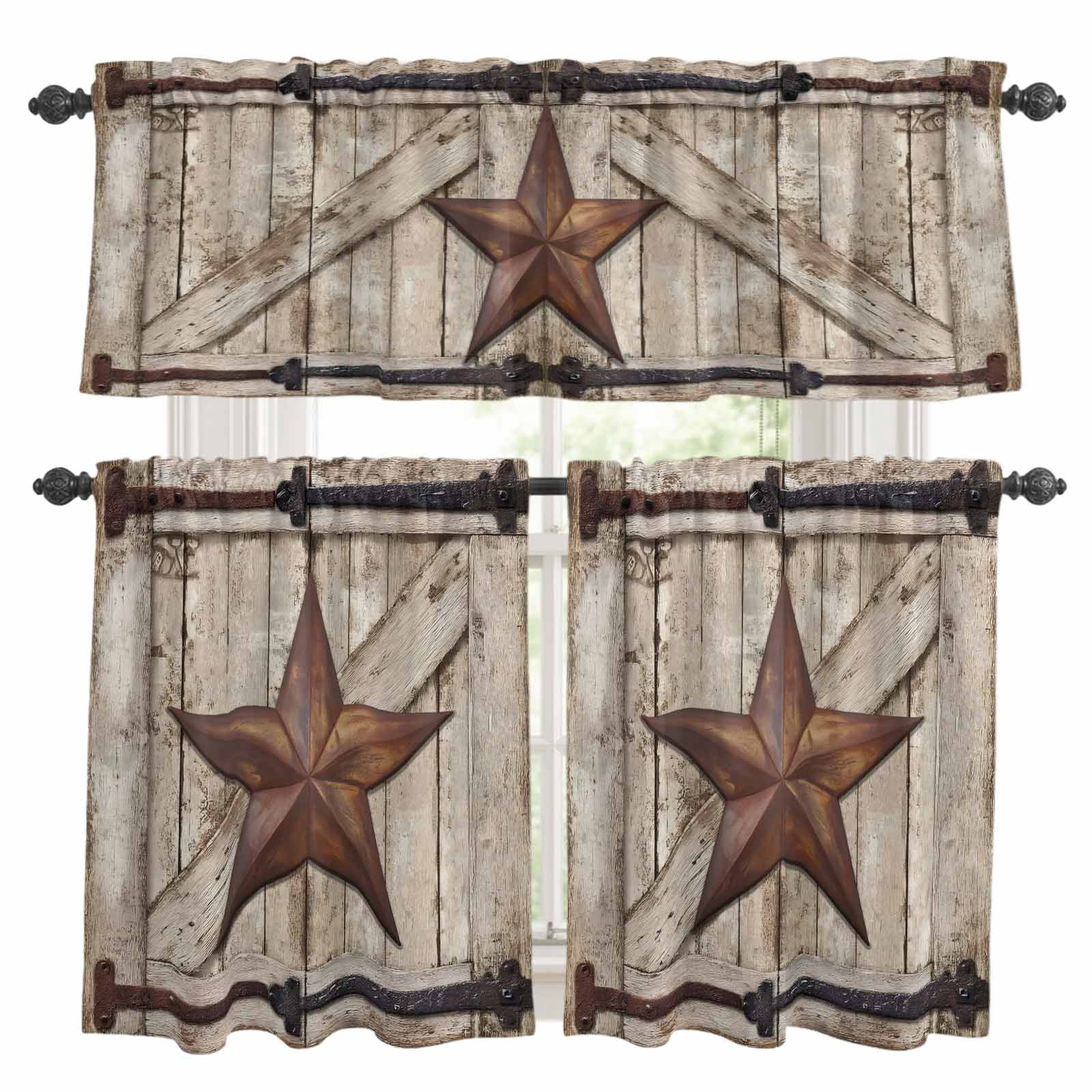 Country Star Kitchen Curtains Valances and Tiers Set of 3 Retro Rust ...