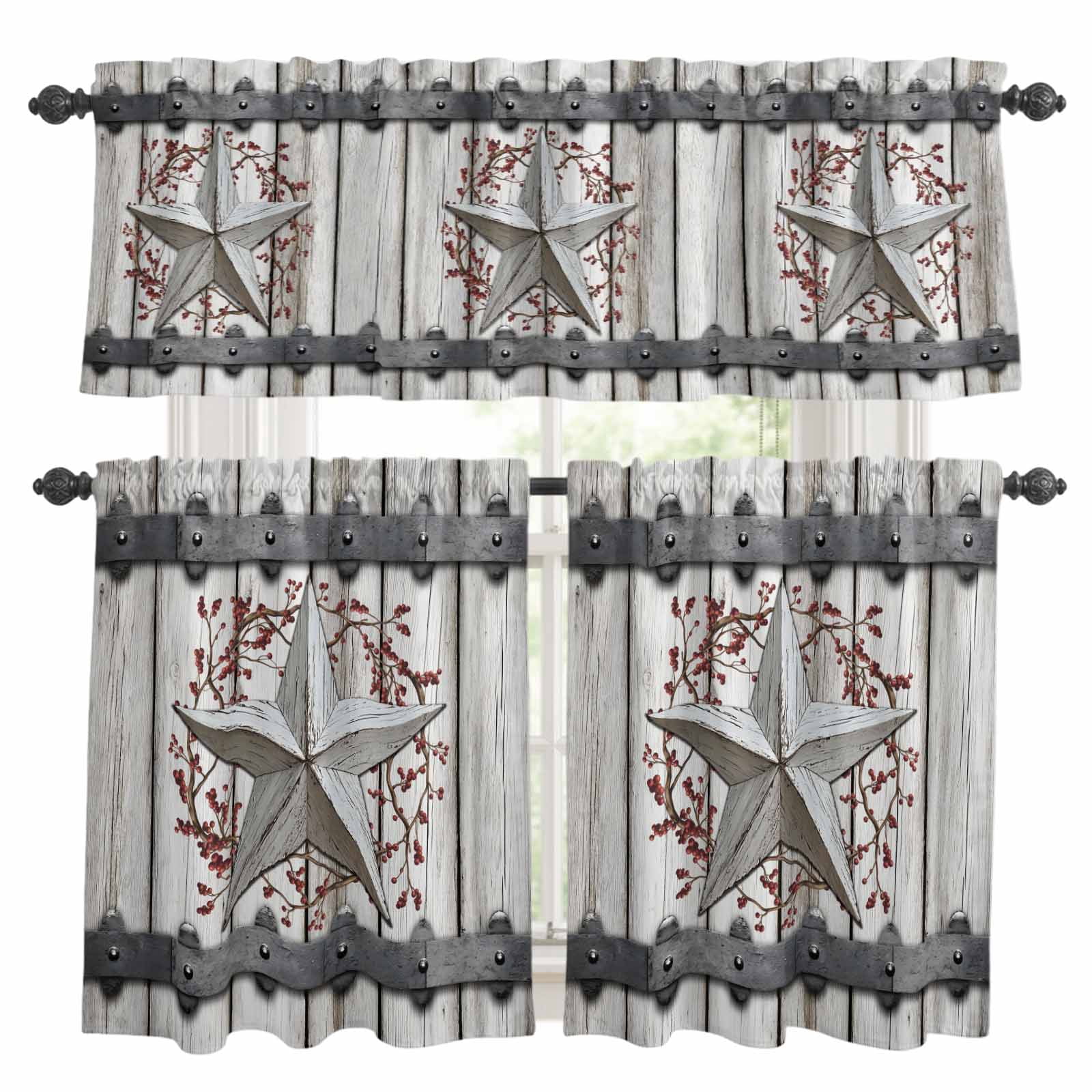 Country Star Kitchen Curtains Valances and Tiers Set of 3 Vintage White ...