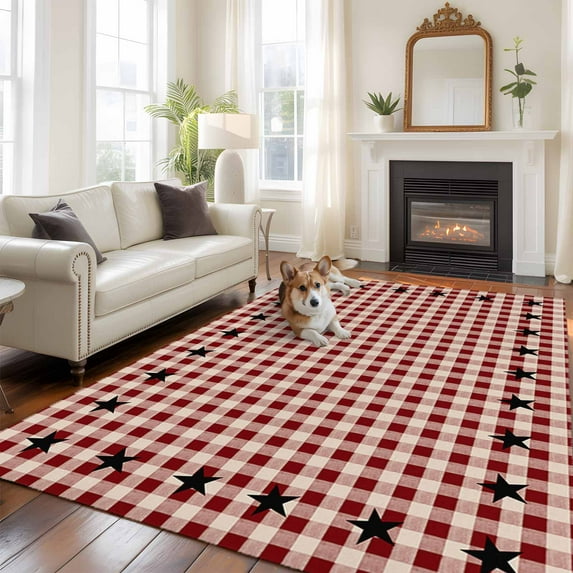 Country Star Large Area Rugs 5x8 ft Berry Red Buffalo Plaid Washable ...