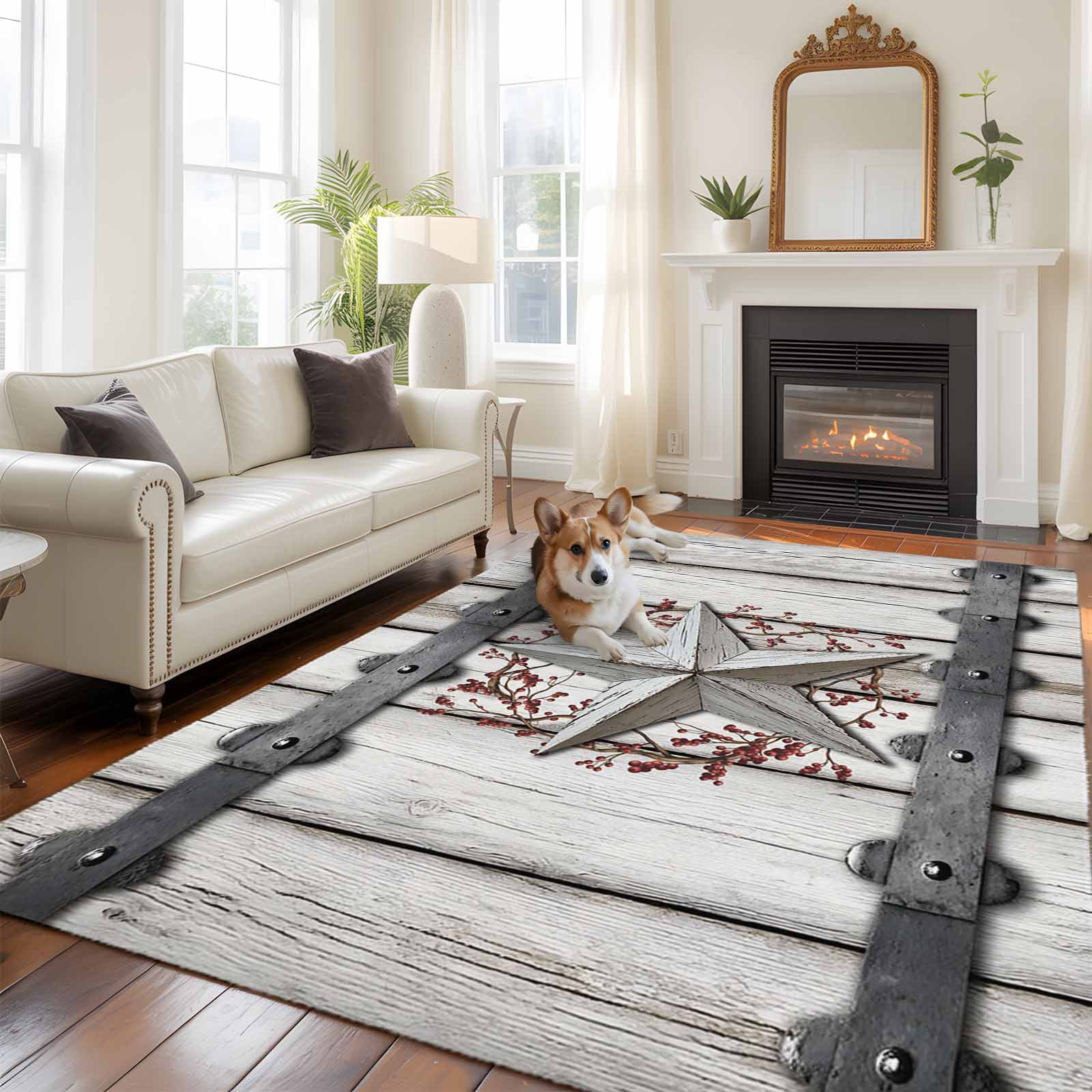 Country Star Large Area Rugs 5x8 ft Vintage White Star Red Berry Rivet ...