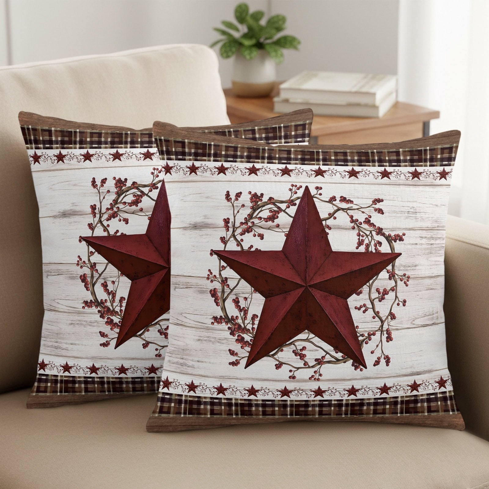 Country Star Pillow Covers Set of 2, Dark Red Stars Berry Brown Plaid ...