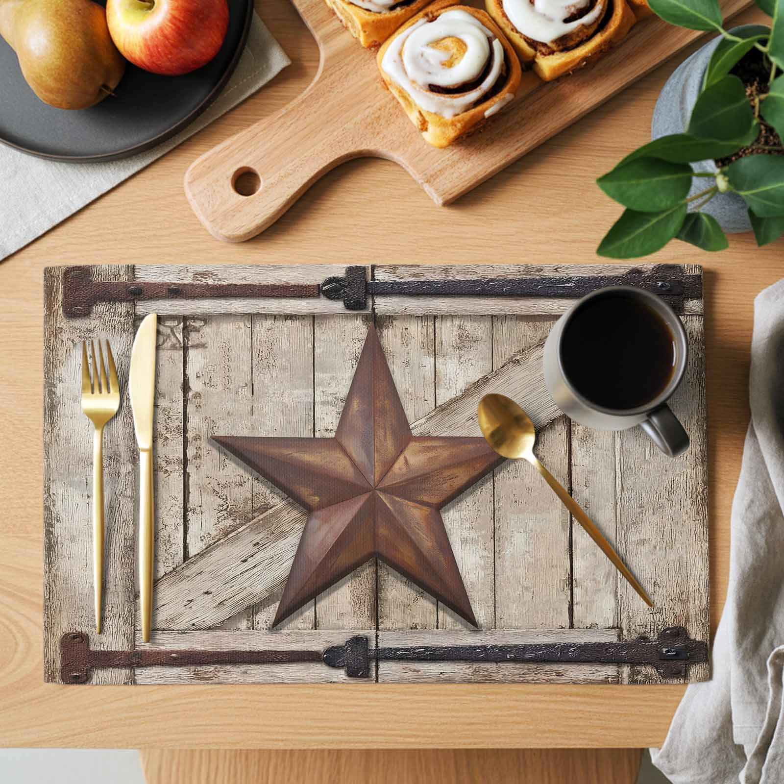 Country Star Placemats Set of 2, Retro Rust Yellow Star Beige Farmhouse ...