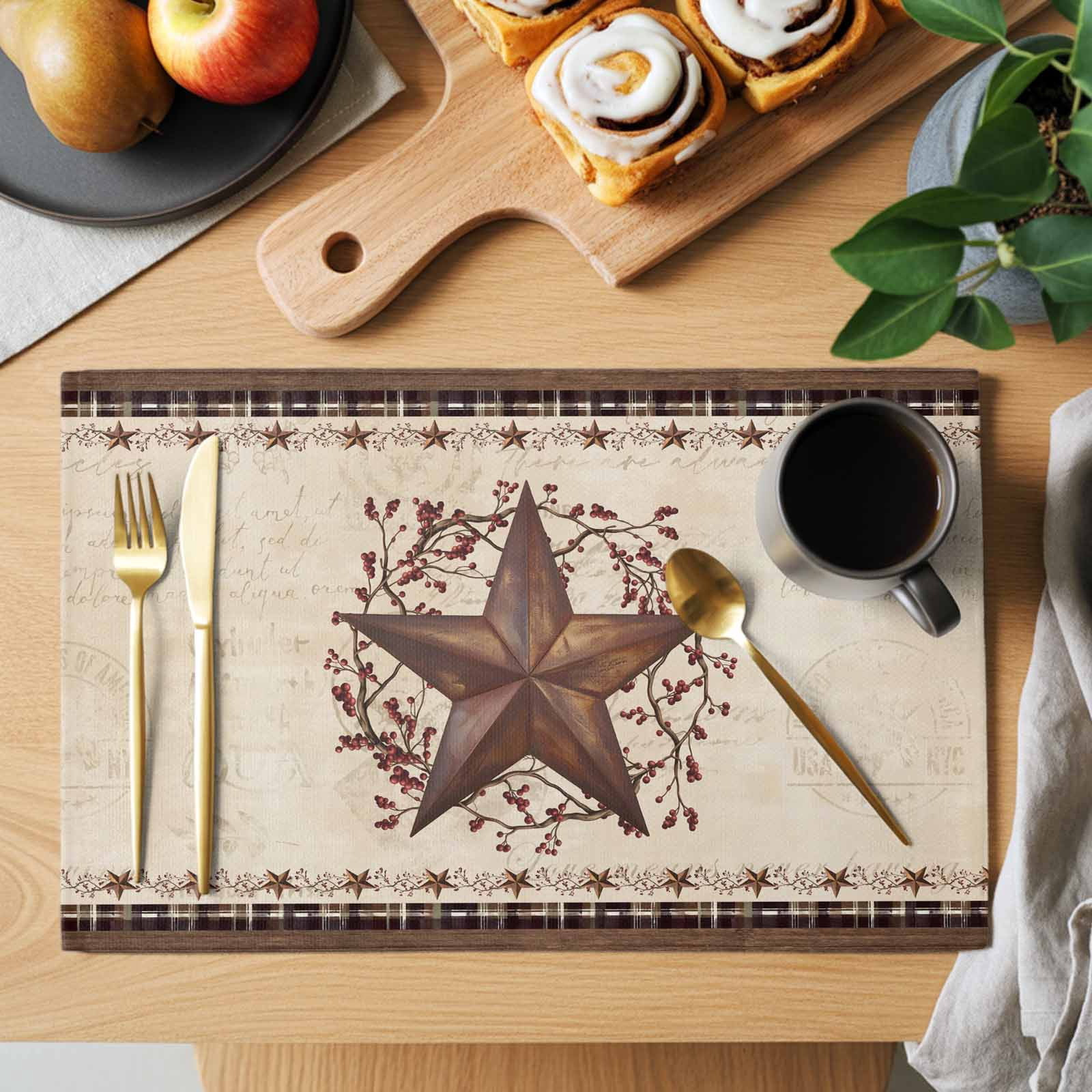 Country Star Placemats Set of 4, Rust Yellow Stars Berry Linen Texture ...