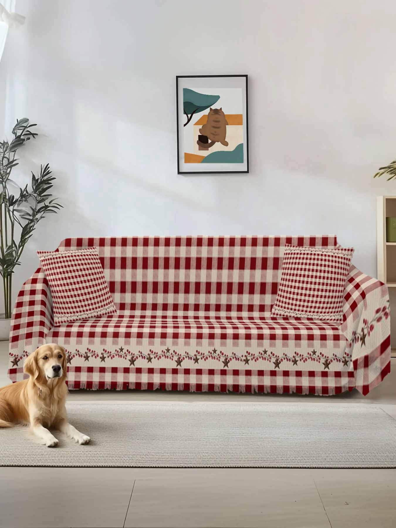 Country Star Plaid Couch Cover, Retro Red American Farm Barn Berry ...