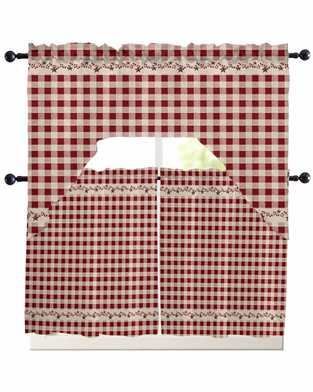 Country Star Plaid Kitchen Curtains Sets 24 Inch Length with Valance ...