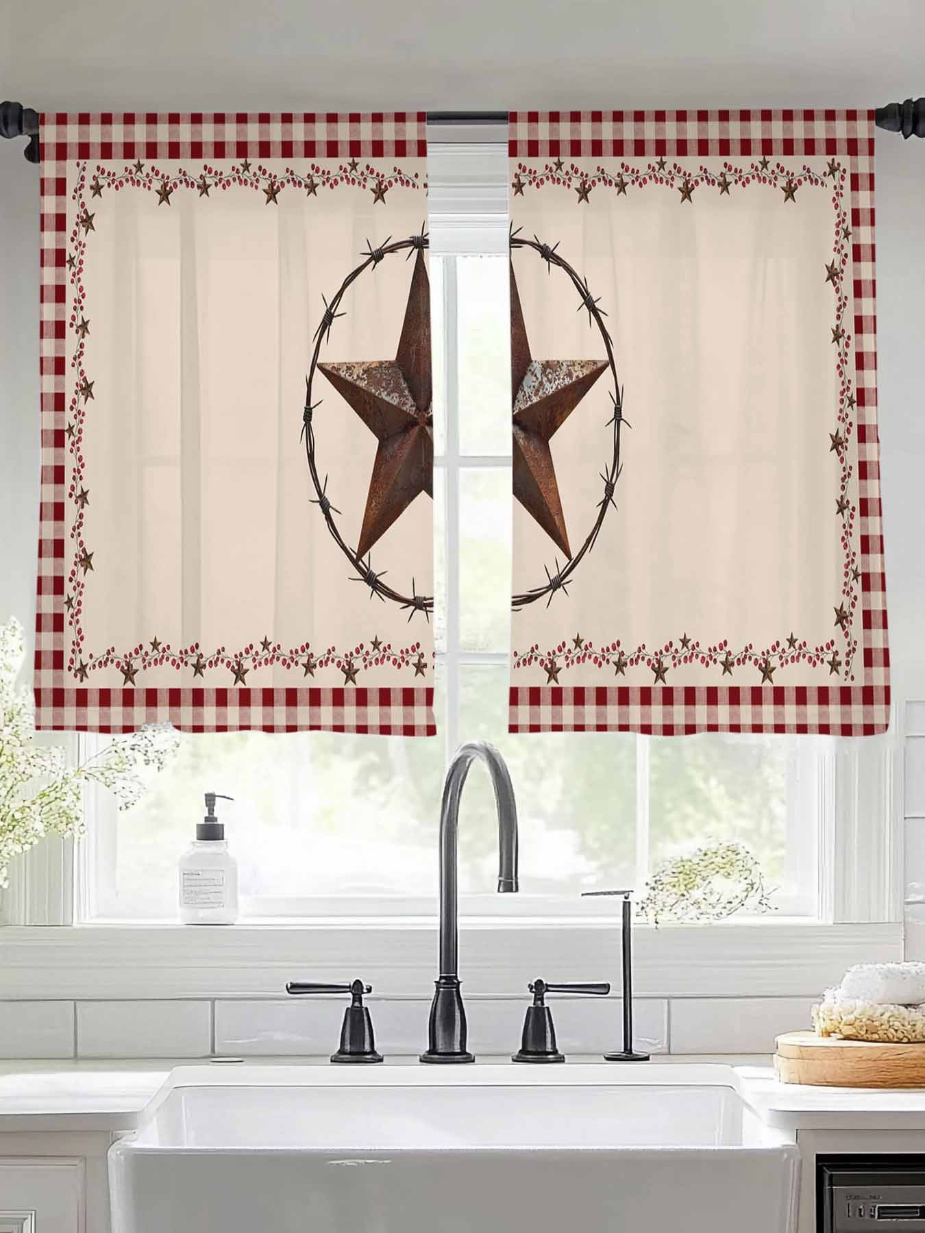 Country Star Red Plaid Chiffon Sheer Curtains 45 Inches Long, Western ...