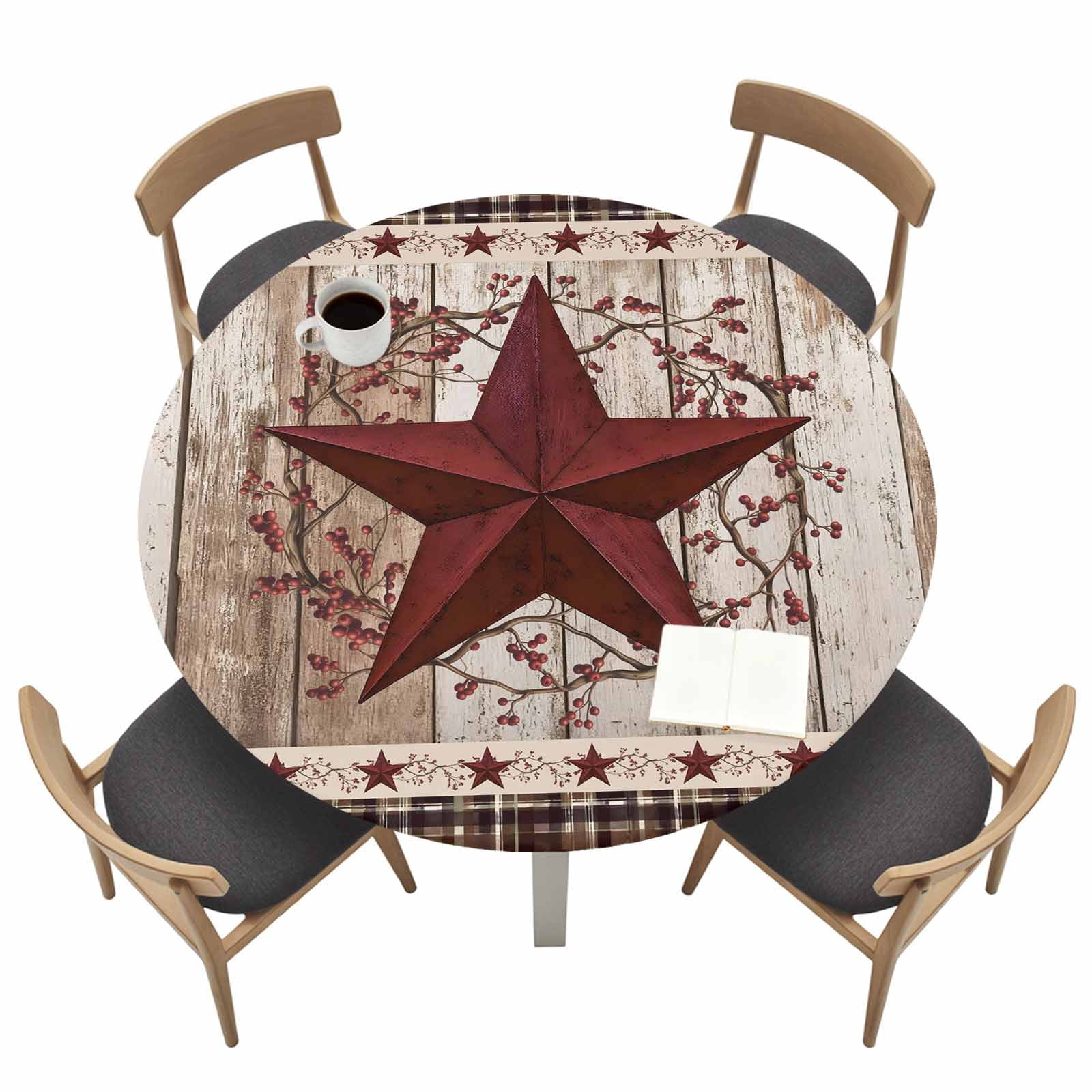 Country Star Round Fitted Tablecloth with Elastic Edge Dark Red Stars ...