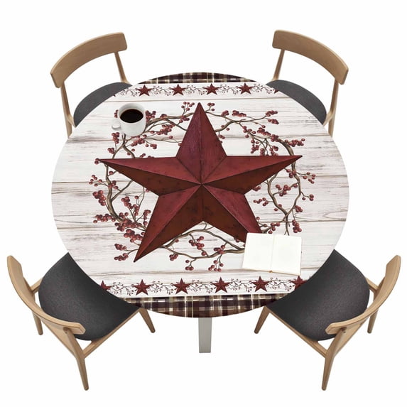 Country Star Round Fitted Tablecloth with Elastic Edge Dark Red Stars ...