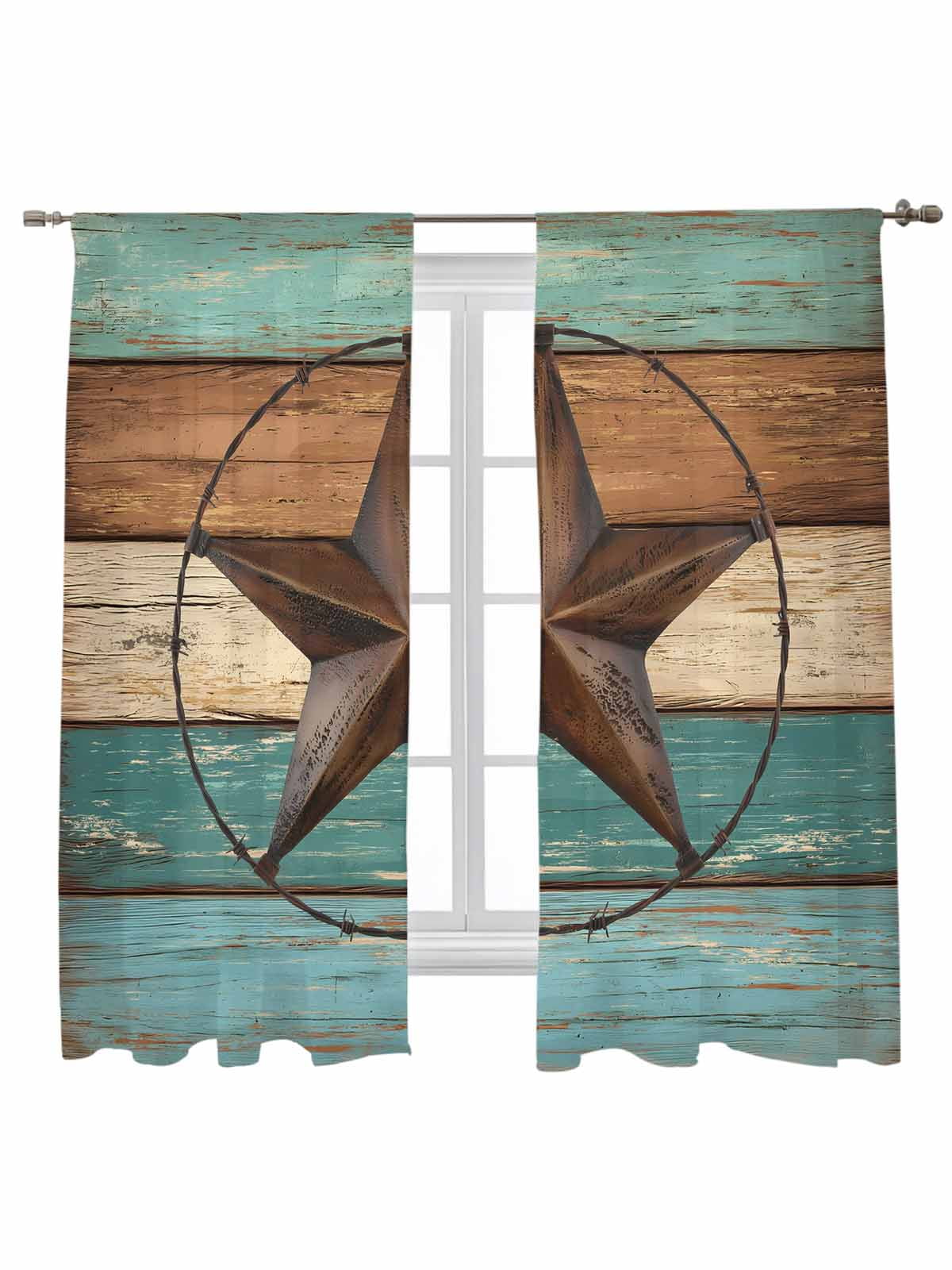 Country Star Sheer Curtains 2 Panels Set Retro Tear Wooden Board Lihgt ...
