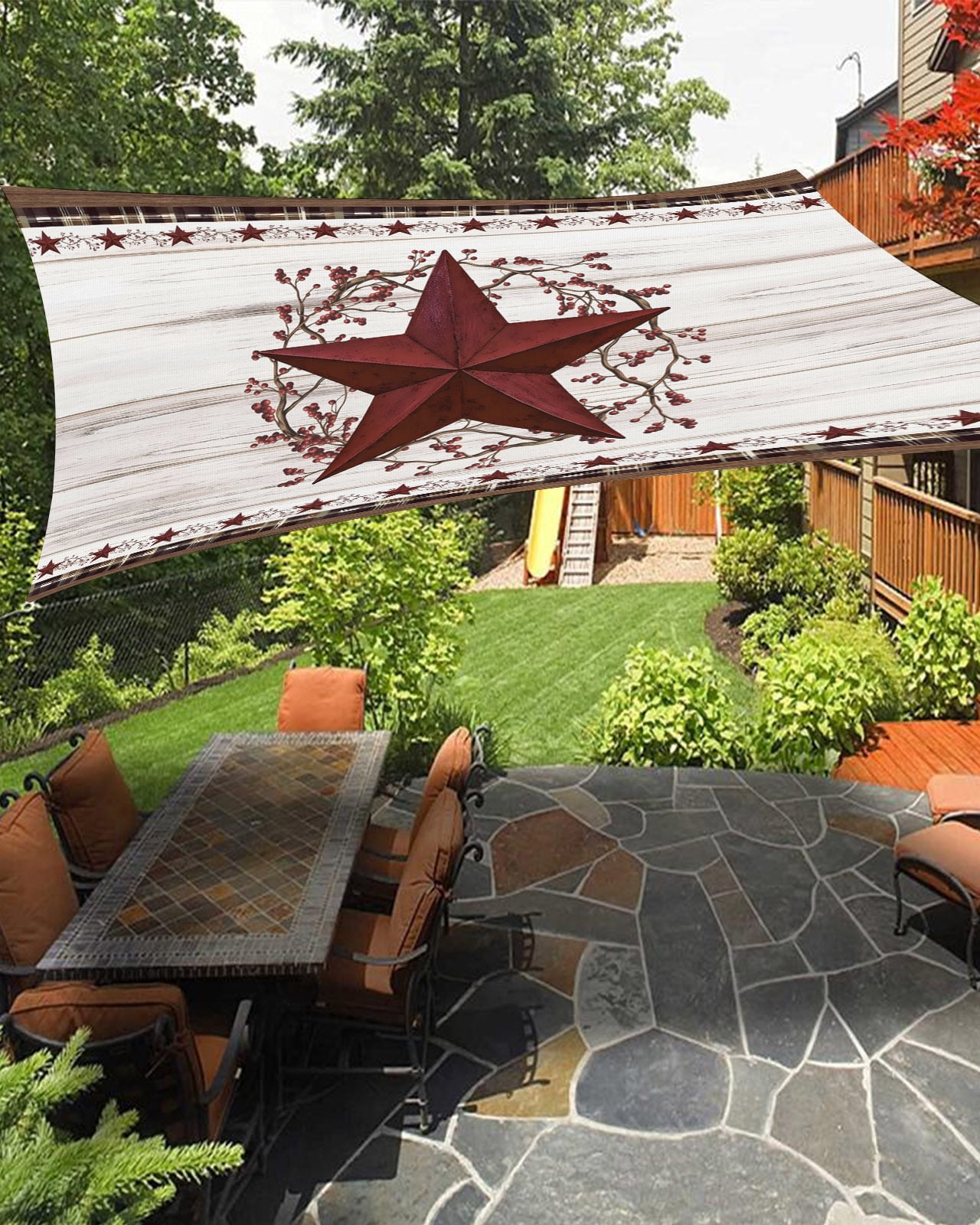 Country Star Sun Shade Sail 14'X18' Dark Red Stars Berry Brown Plaid ...