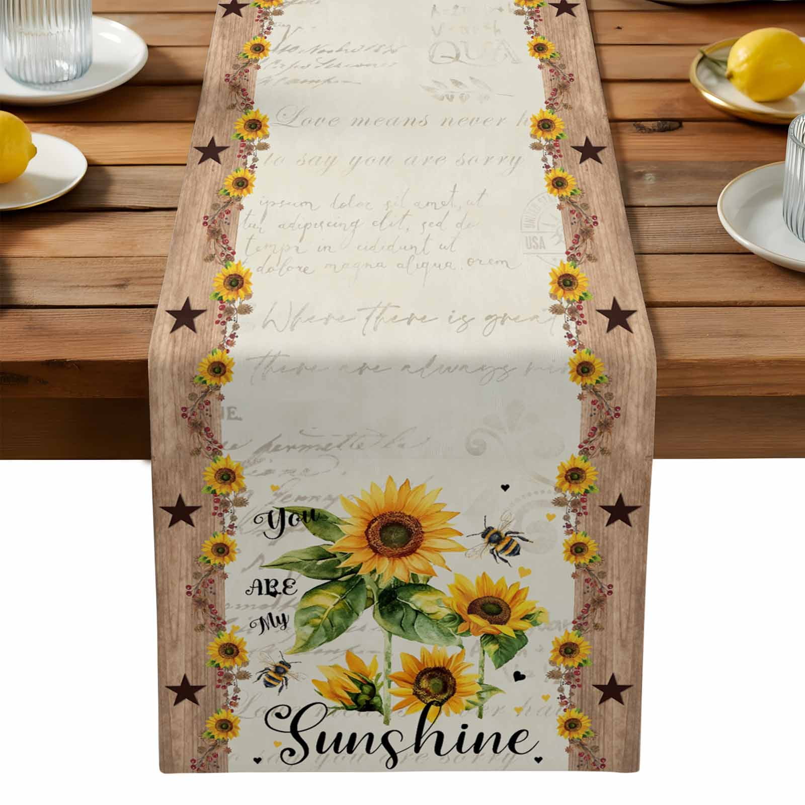 Country Star Sunflower Bee Table Runners 13x90 Inches Long Linen Burlap Table Runner,Vintage ...