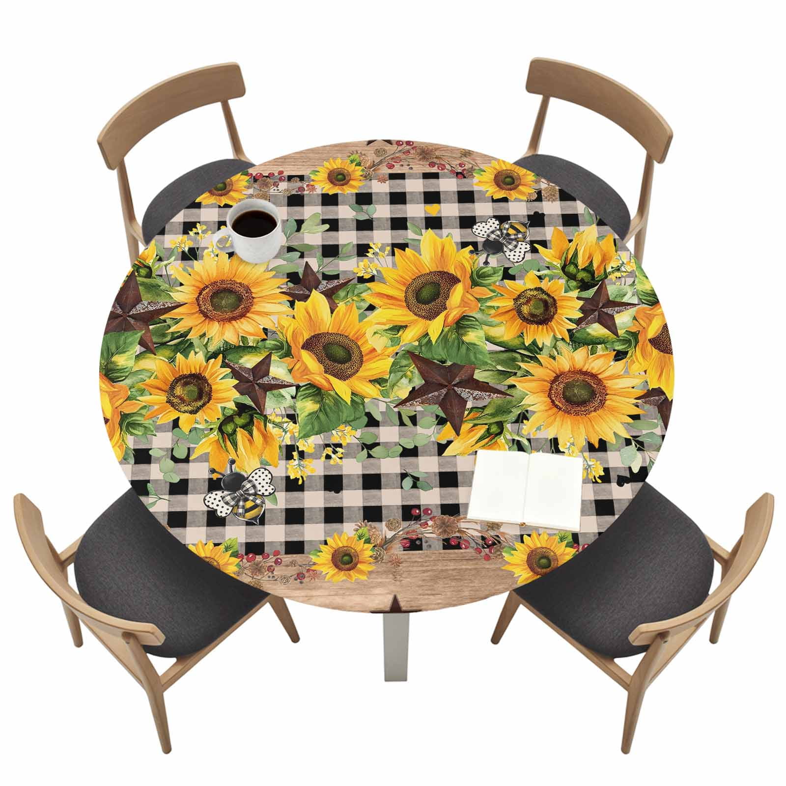 Country Star Sunflower Round Fitted Tablecloth with Elastic Edge ...