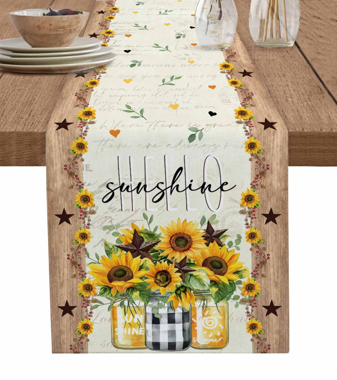 Country Star Sunflower Table Runner 90 Inches, Vintage Farmhouse Brown ...