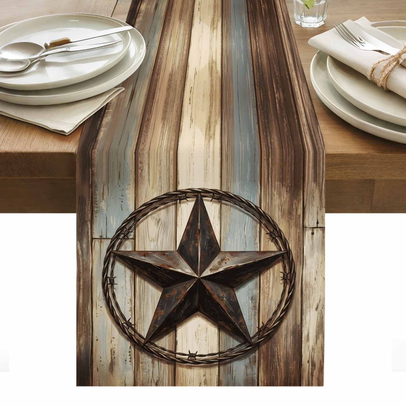 Country Star Table Runner 13 x 90 Inch, Farmhouse Star Brown Beige Wood ...